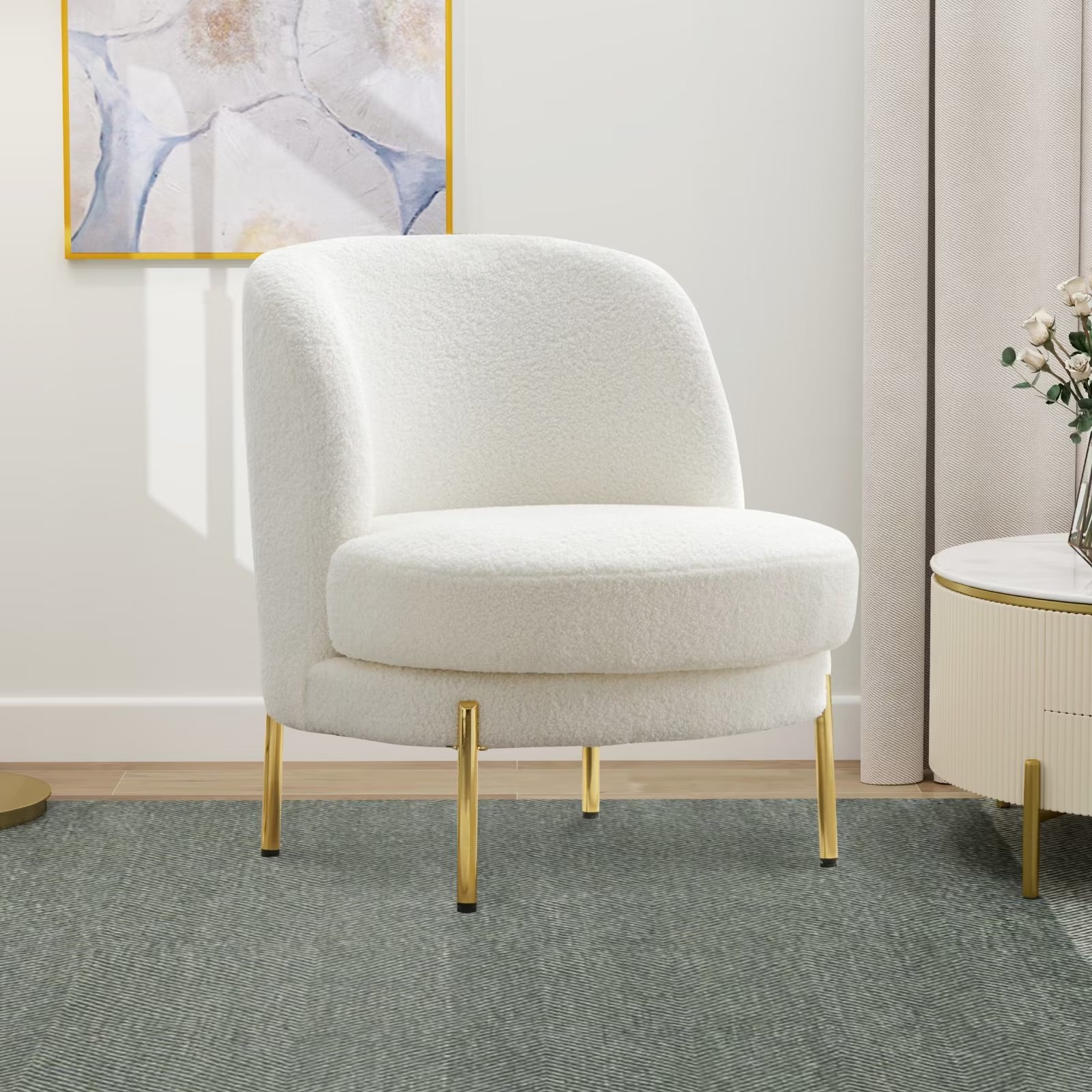 Upholstered Accent Chair with Curved Backrest, Adjustable Golden Legs ...