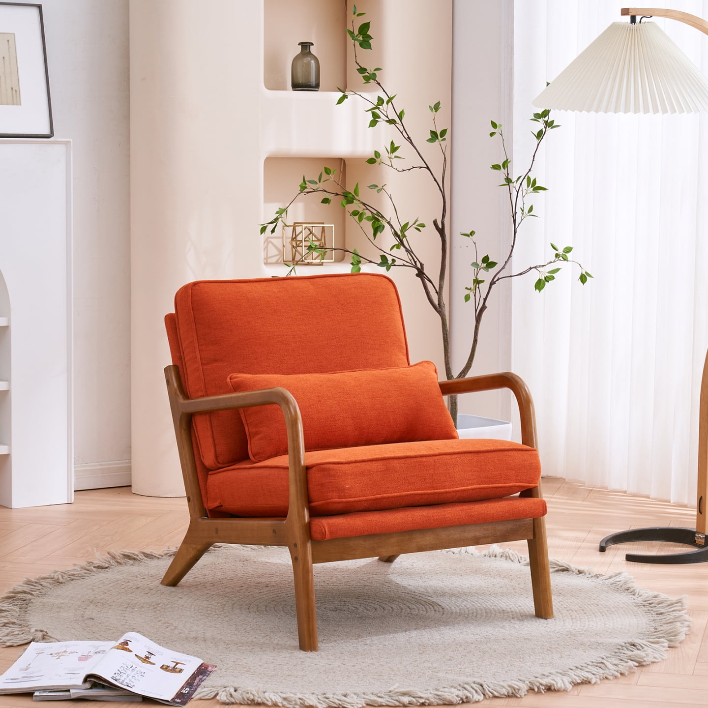 Accent Chair, Upholstered Single Sofa Chair with Solid Wood Armrest and ...
