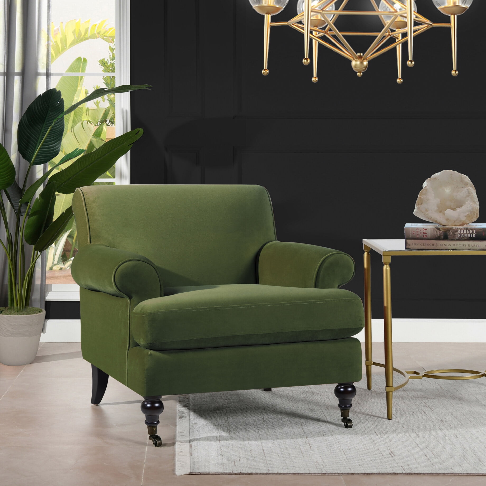 Accent Chair, Velvet Modern Chair with 2 Wooden Leg & 2 Metal Casters ...