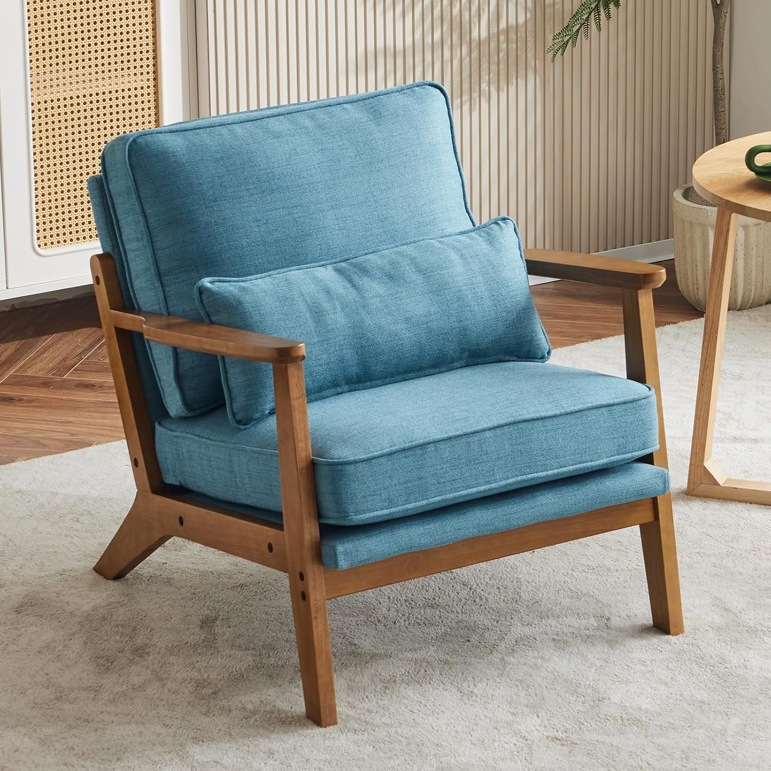 Accent Chair Wide Armrest Mid-Century Lounge Chair Linen Fabric ...