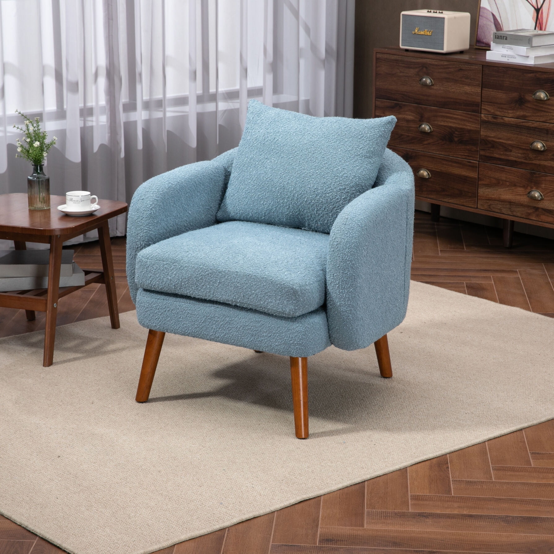 Accent Chair Wood Frame Armchair with Pillow Boucle Upholstered Barrel ...