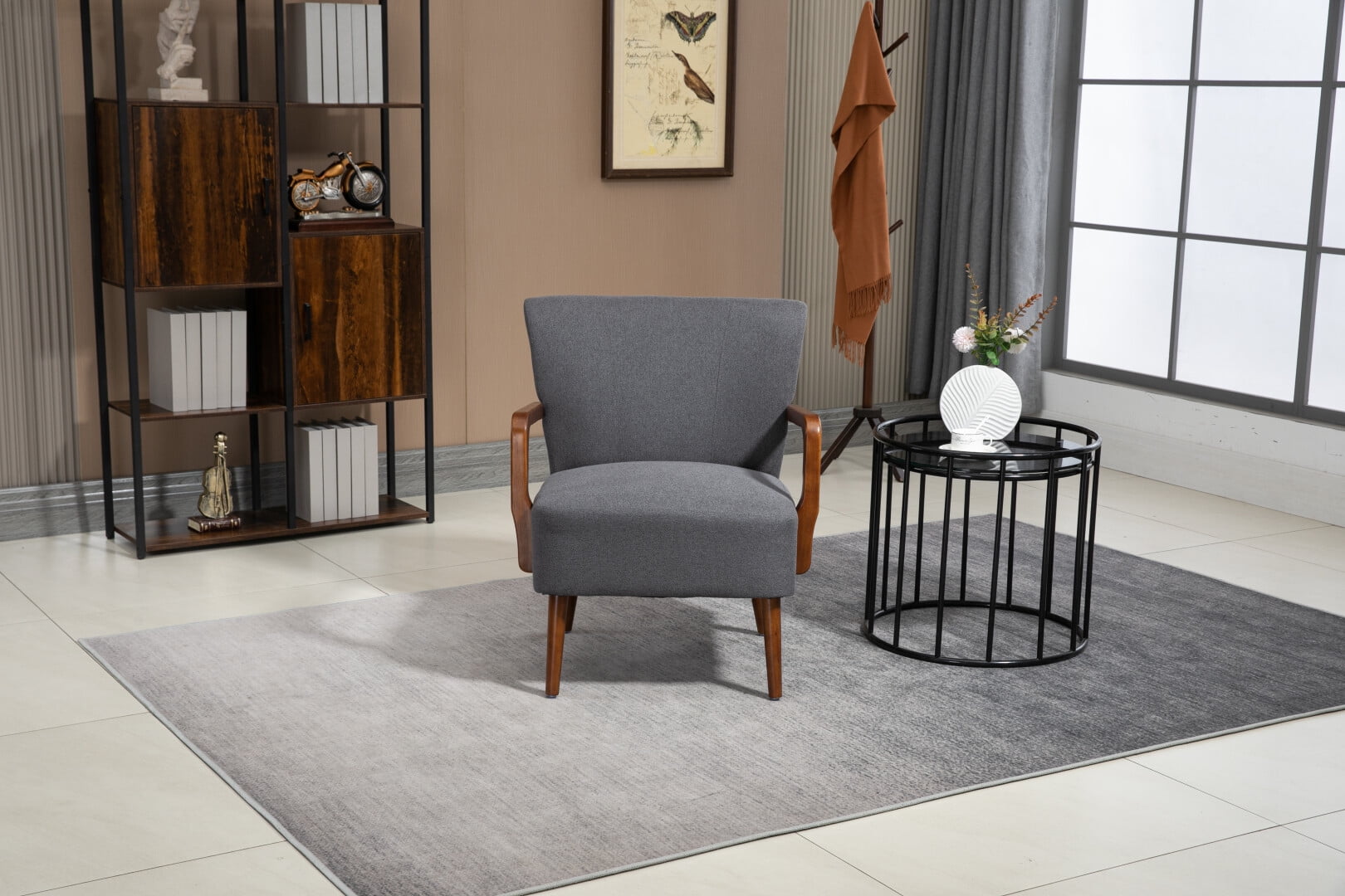 Accent Chair with Square Armrests, Modern Linen Lounge Chair with Wood ...
