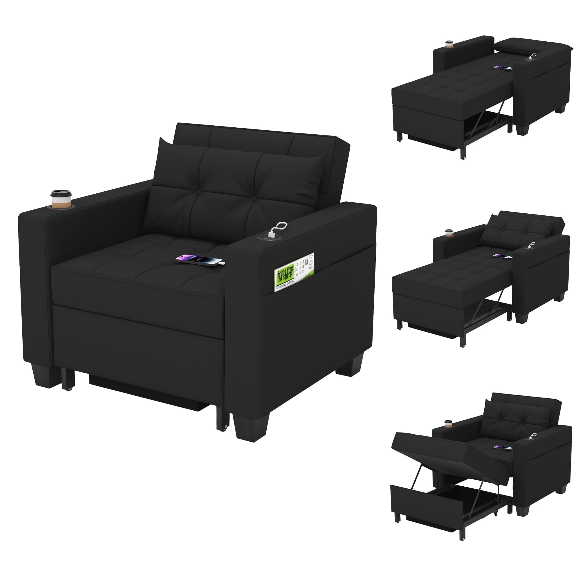 Duraspace Armchair Sofa Bed, Faux Leather Black, USB, Storage Space ...