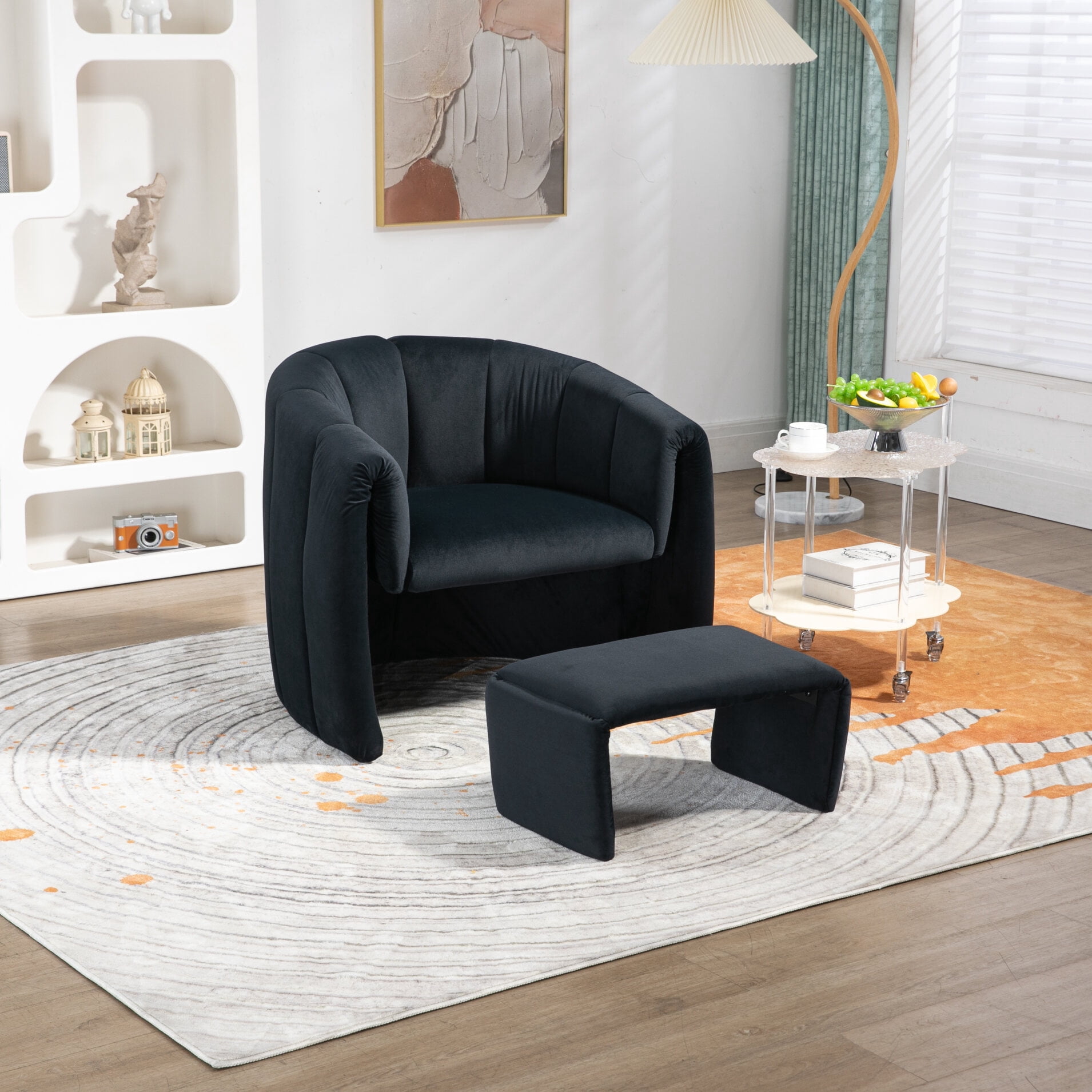 Accent Chairs with Ottoman, Velvet Tufted Single Sofa Chair with Solid ...