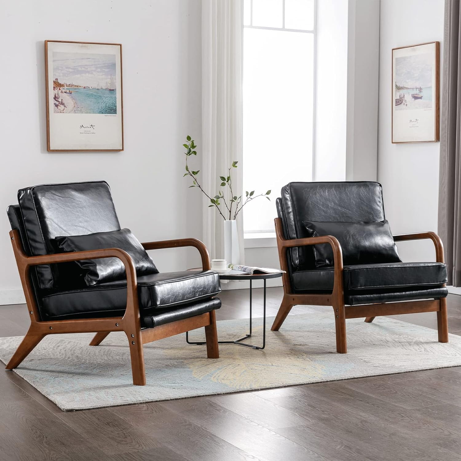 Accent Chairs Set of 2- Comfy Solid Wood Arm Chair Mid Century Modern ...