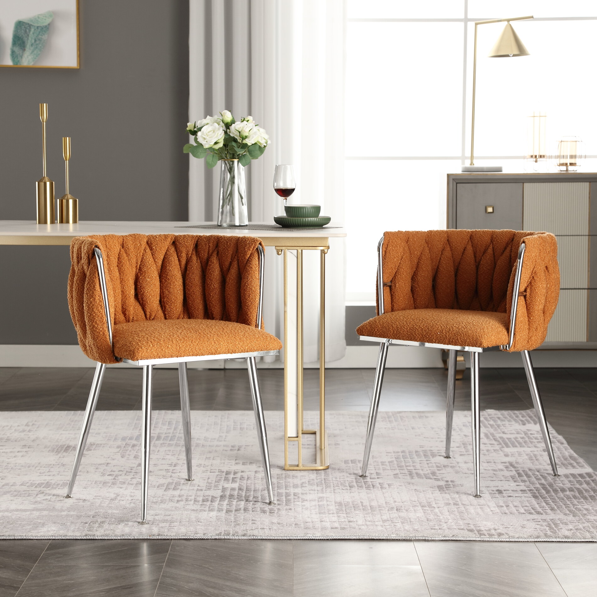 Accent Chairs Set of 2, Dining Chairs with Woven Back and Metal Legs ...