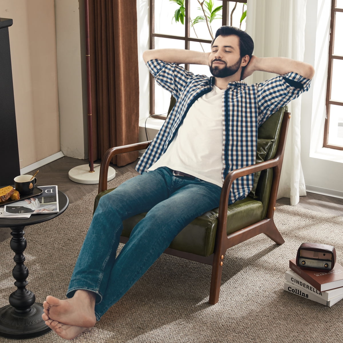 Accent Chairs, Single Linen Lounge Reading Armchair with Solid Wood ...