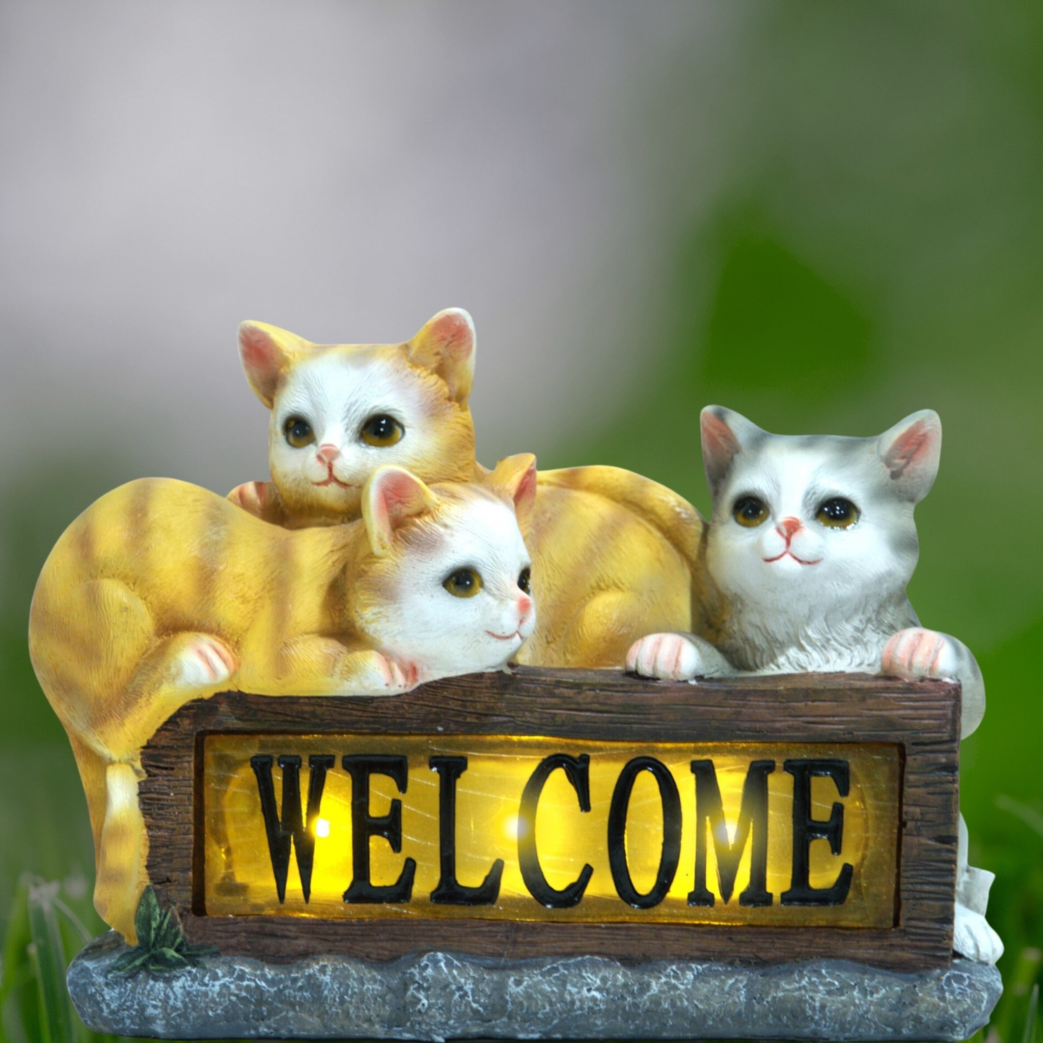 Welcome Cats Solar Statue, Three Kittens Solar Statue, Garden Statue ...
