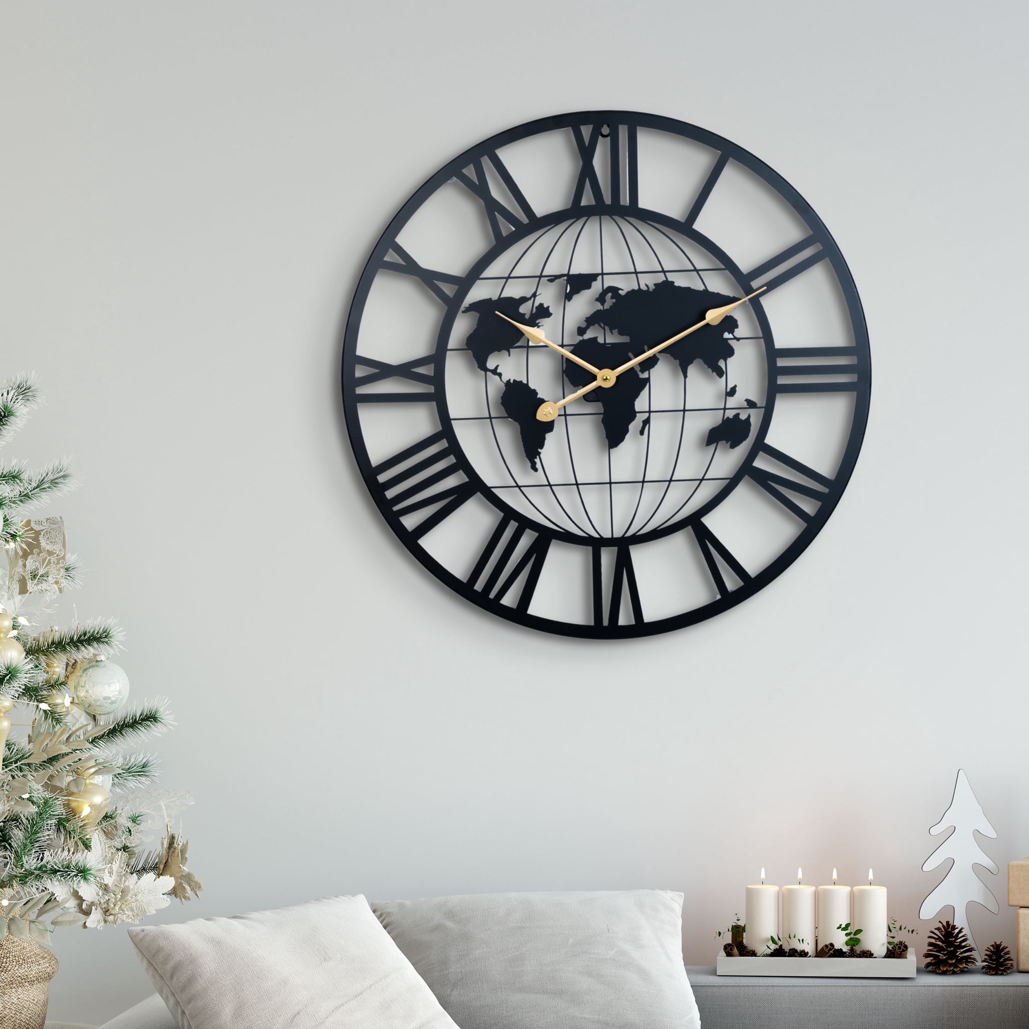 Accent Collection Round Metal Wall Clock, Embedded World Map, 24" Roman ...