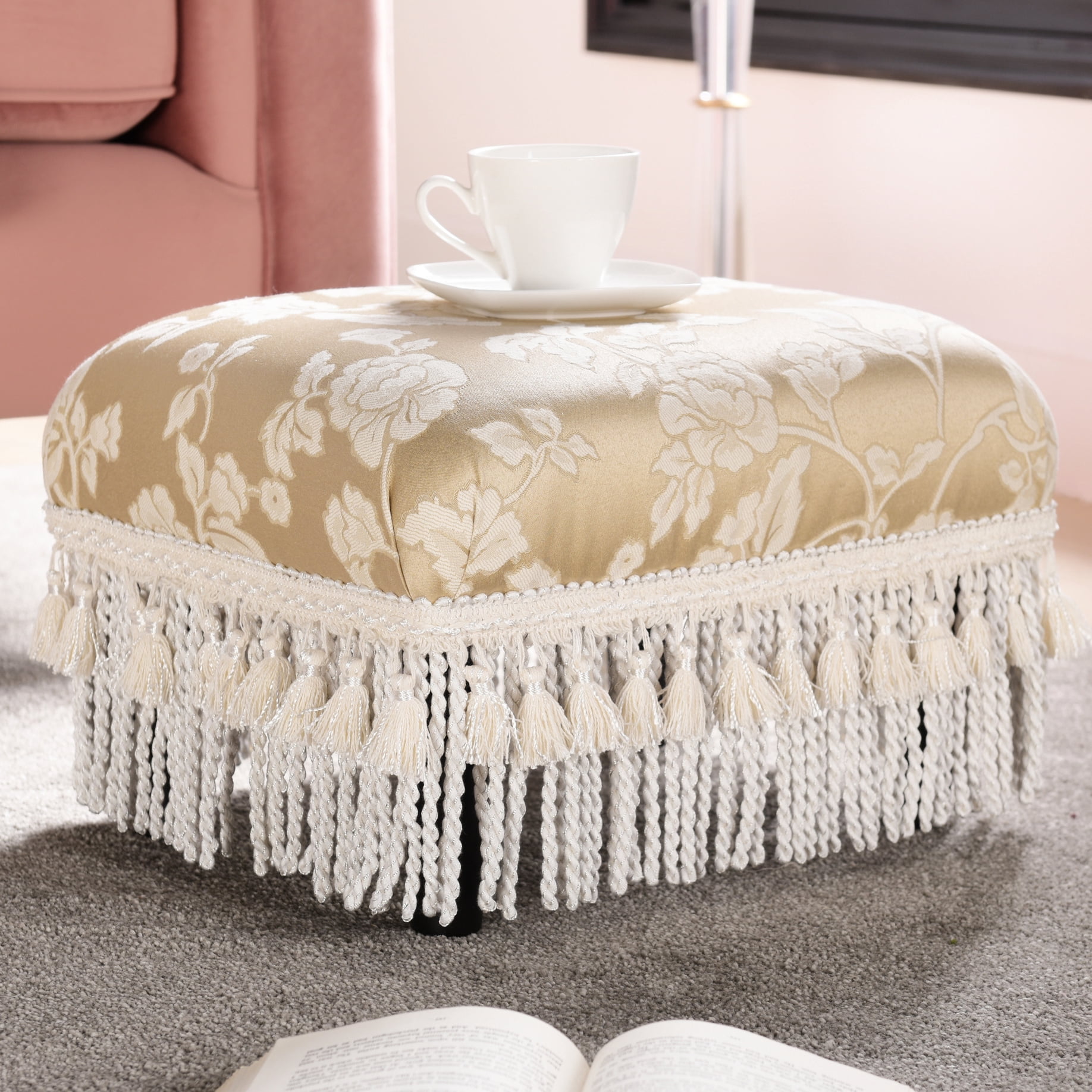 Accent Footstool - Beige Floral Design Kiln-dried Hardwood & 11-layer ...