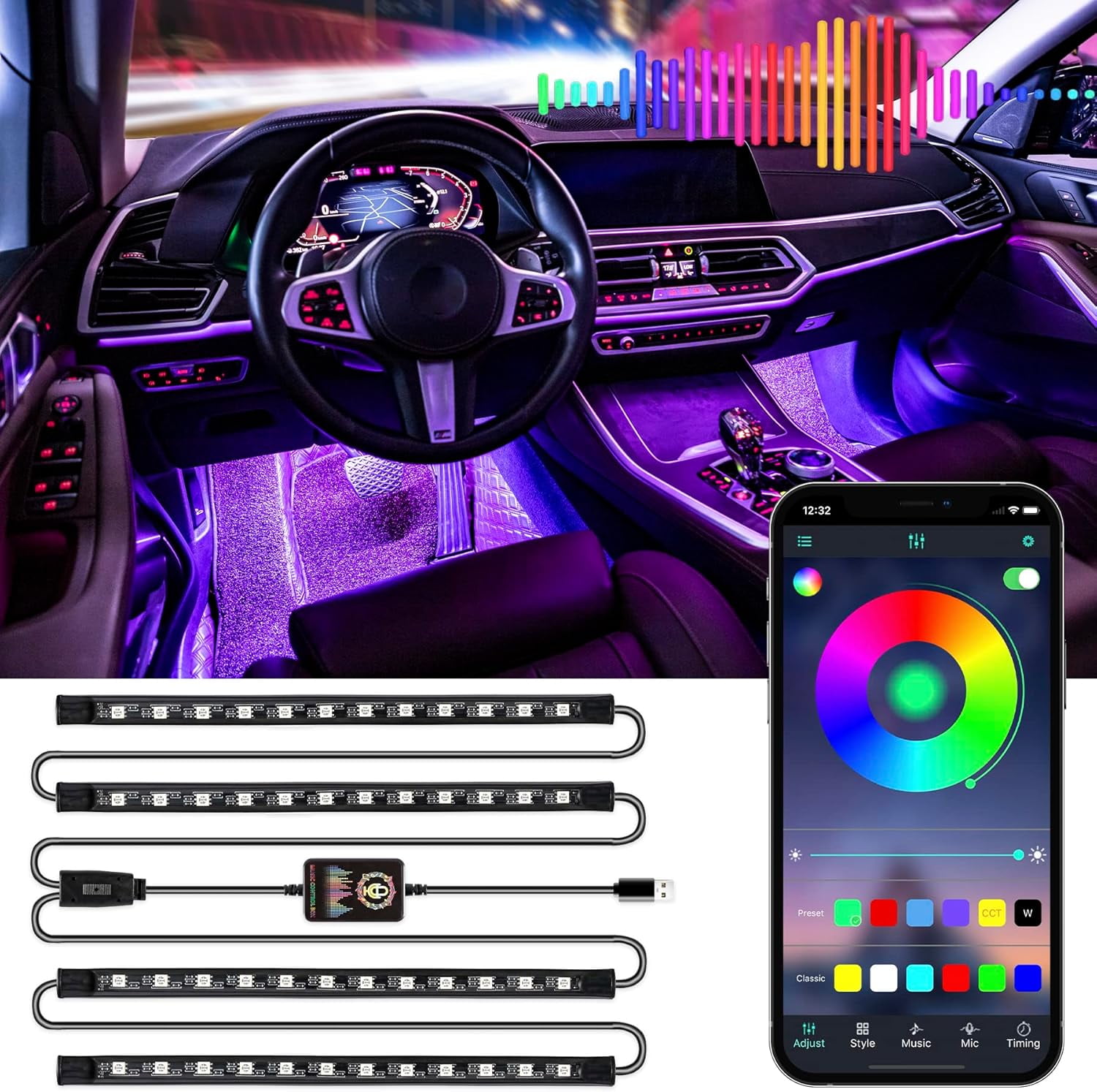 Accent Interior Car Lights, Smart Car Interior Lights with App Control ...