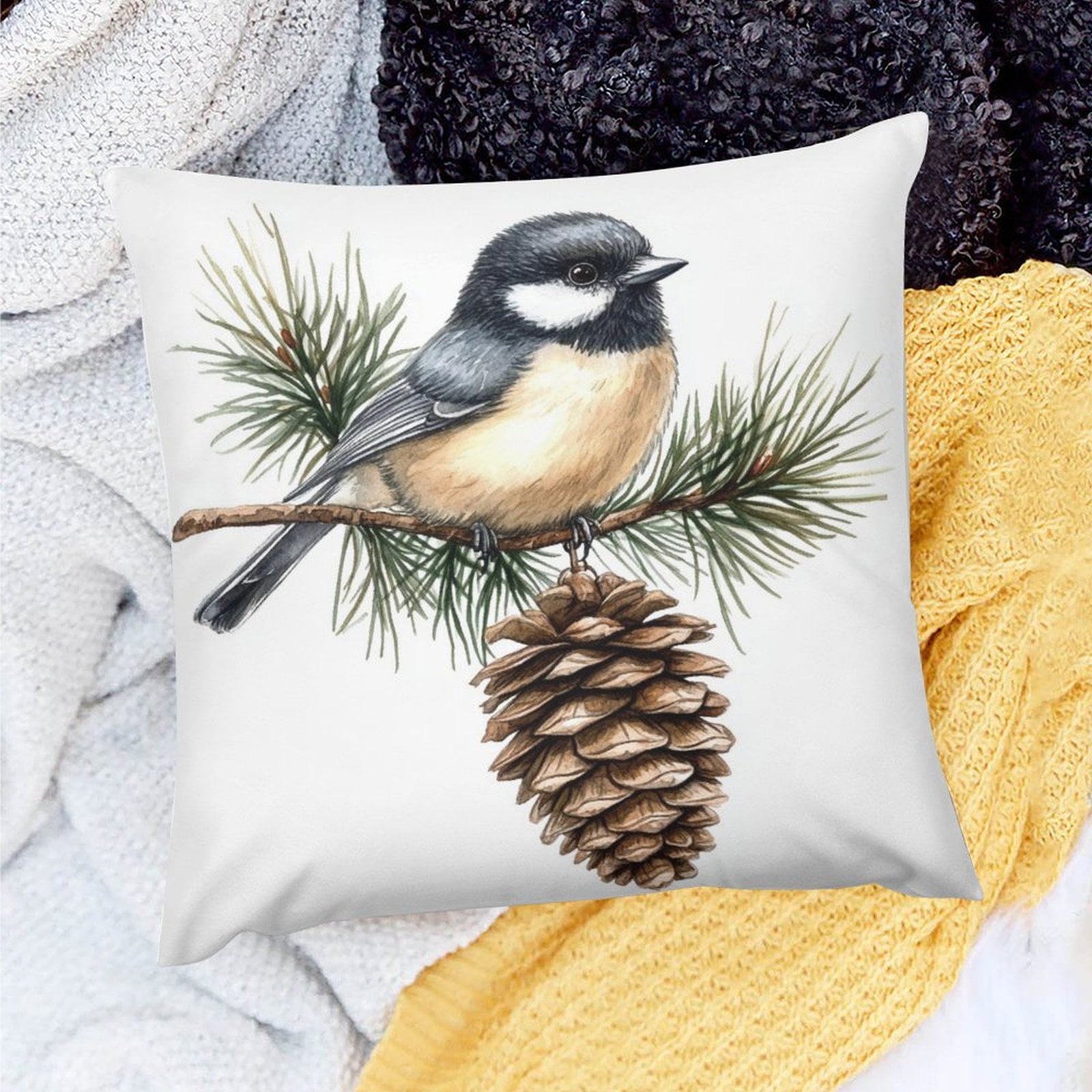 Accent Pillows 18"x18" Watercolor Chickadee Bird Pine Cone Nature ...