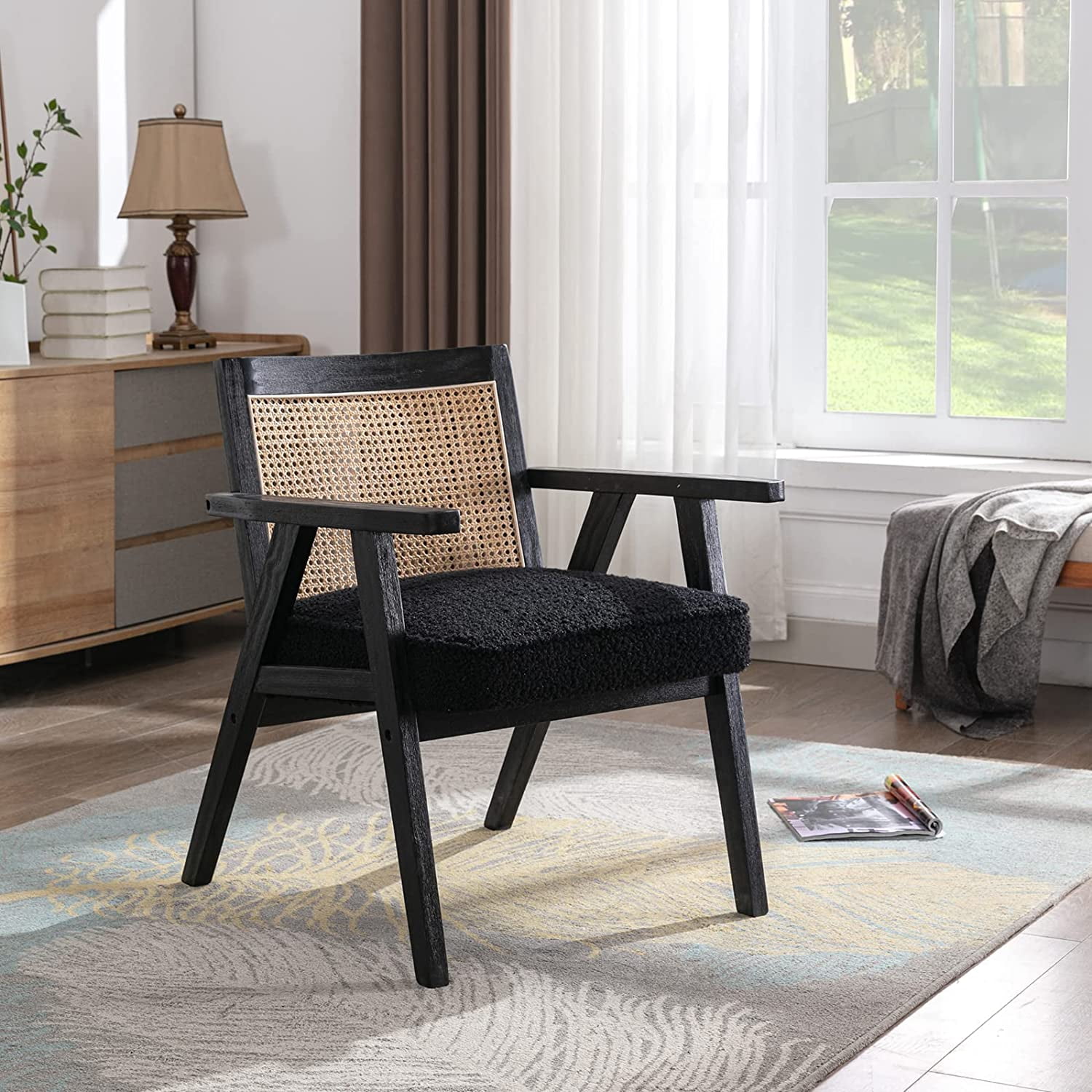 Accent Rattan Chair, Faux Fur Upholstered Living Room Chairs with Cane ...