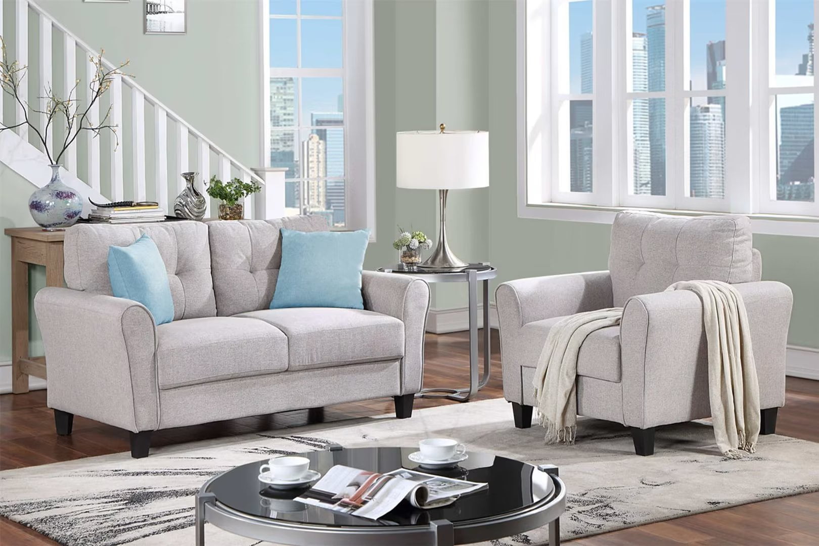 Accent Sofa Set, Modern Living Room Sofa Set, Linen Upholstered Living ...