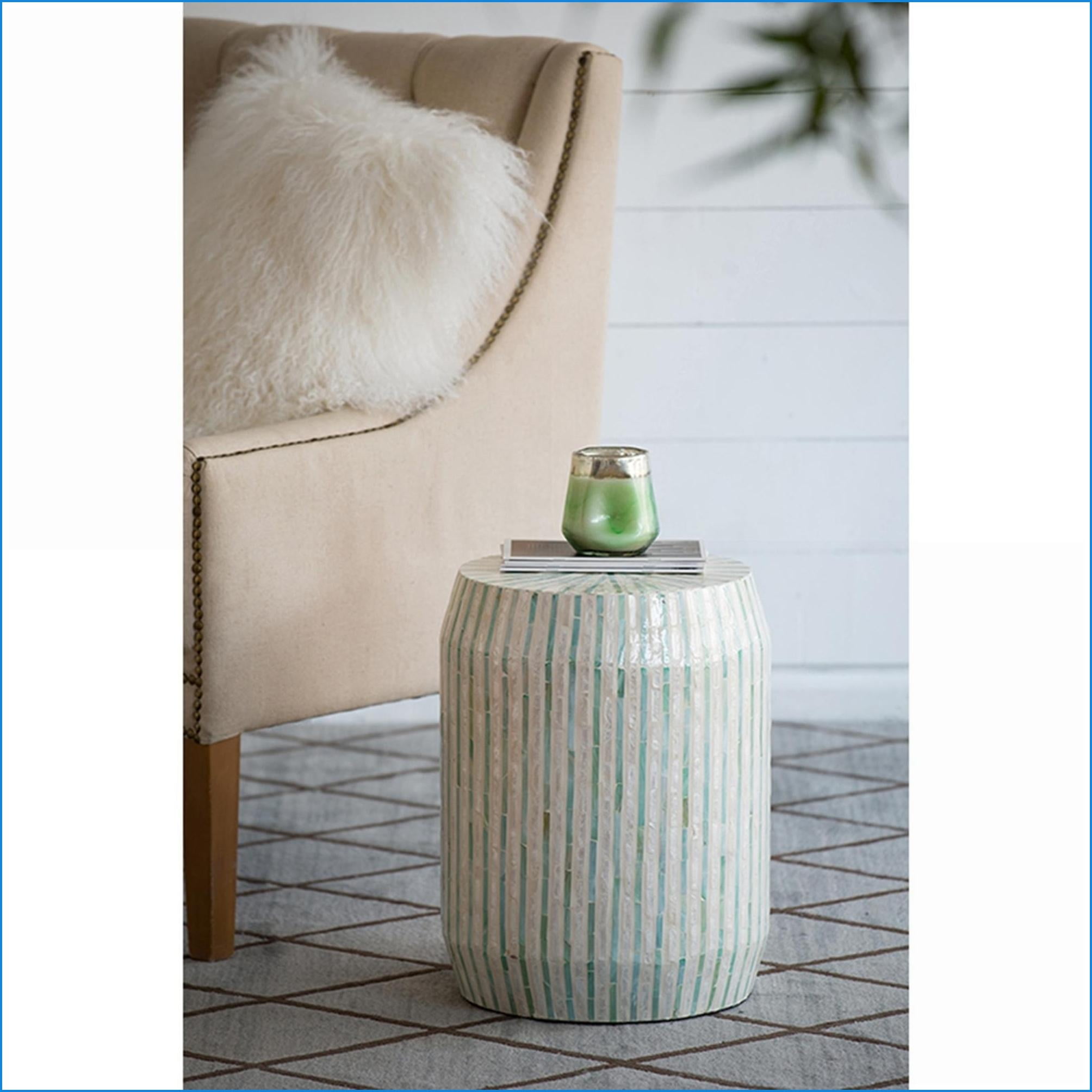 Accent Stool, Modern Cream & Sage Green Striped | Side Table/Plant ...