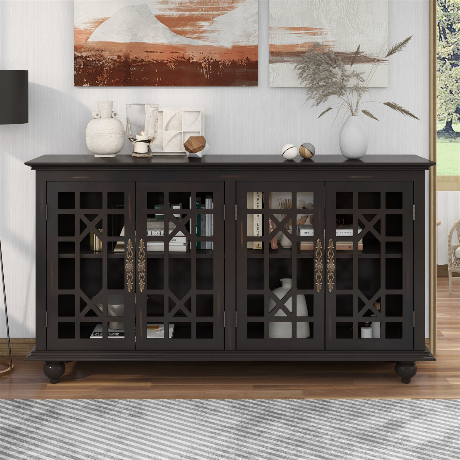 60inch Storage Cabinet Sideboard with 4 Delicate Carved Acrylic Doors ...