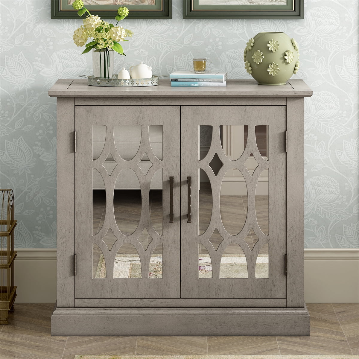 Accent Storage Cabinet, Wooden Cabinet with Decorative Mirror Door and ...