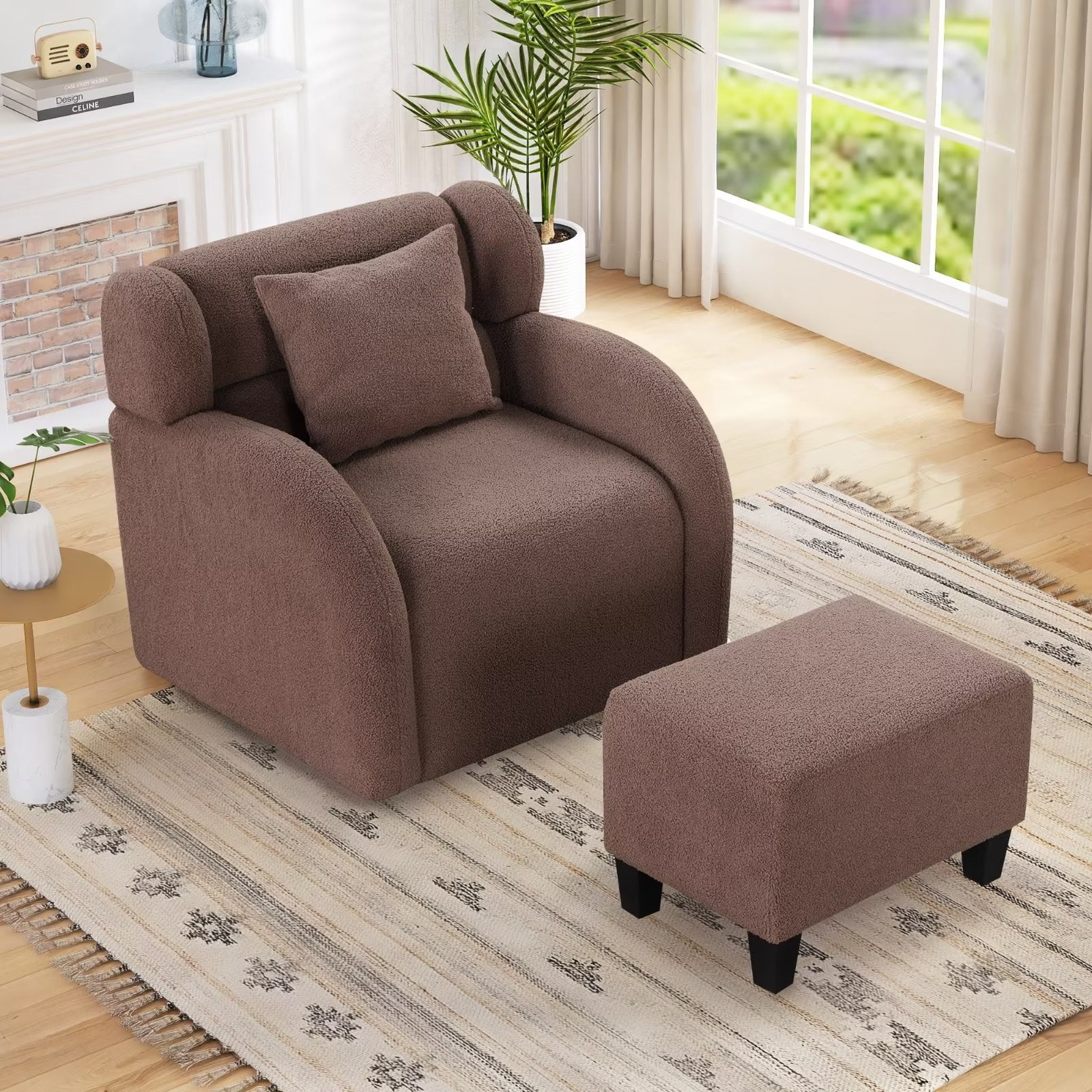 Accent Swivel Chair with Ottoman Footrest, Modern Upholstered Wing Back ...