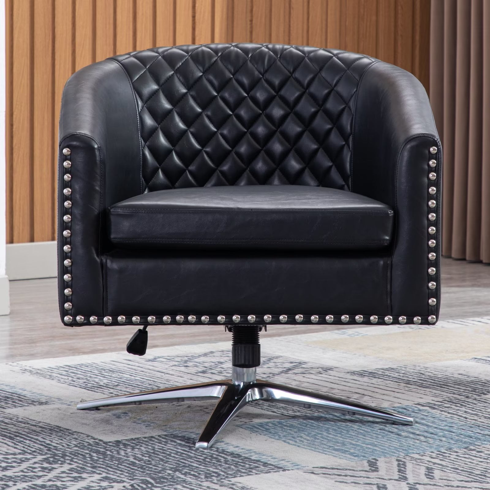 Accent Swivel Chair, PU Upholstered Barrel Chair with Metal Base and ...