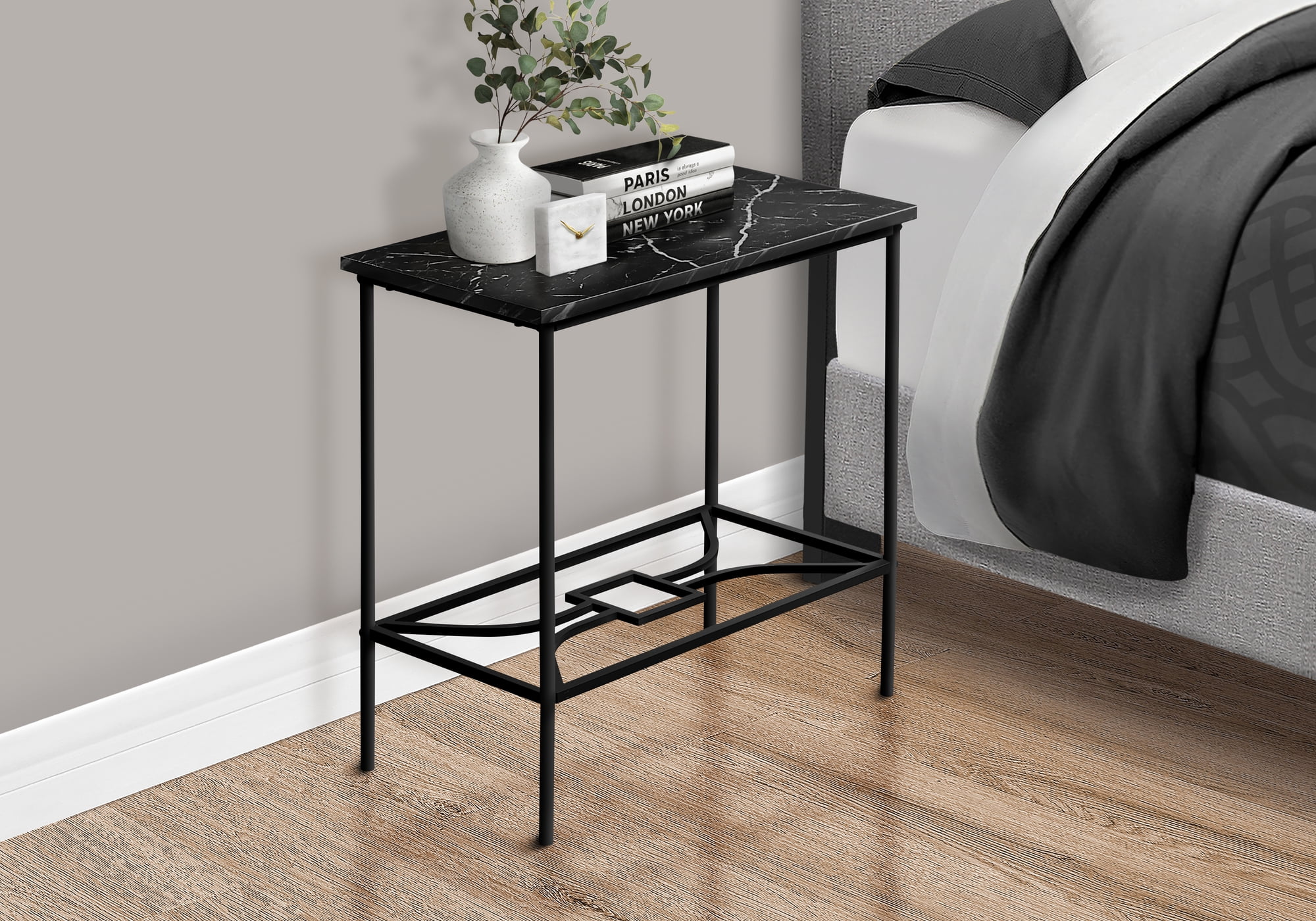 Accent Table Side End Narrow Small 2 Tier Metal Black Marble Look ...