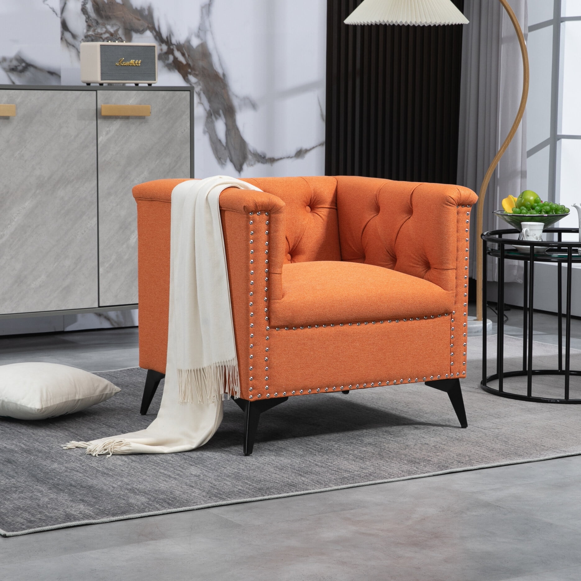 Accent Upholstered Chair, Mid-century Modern Linen Fabric Single Sofa ...