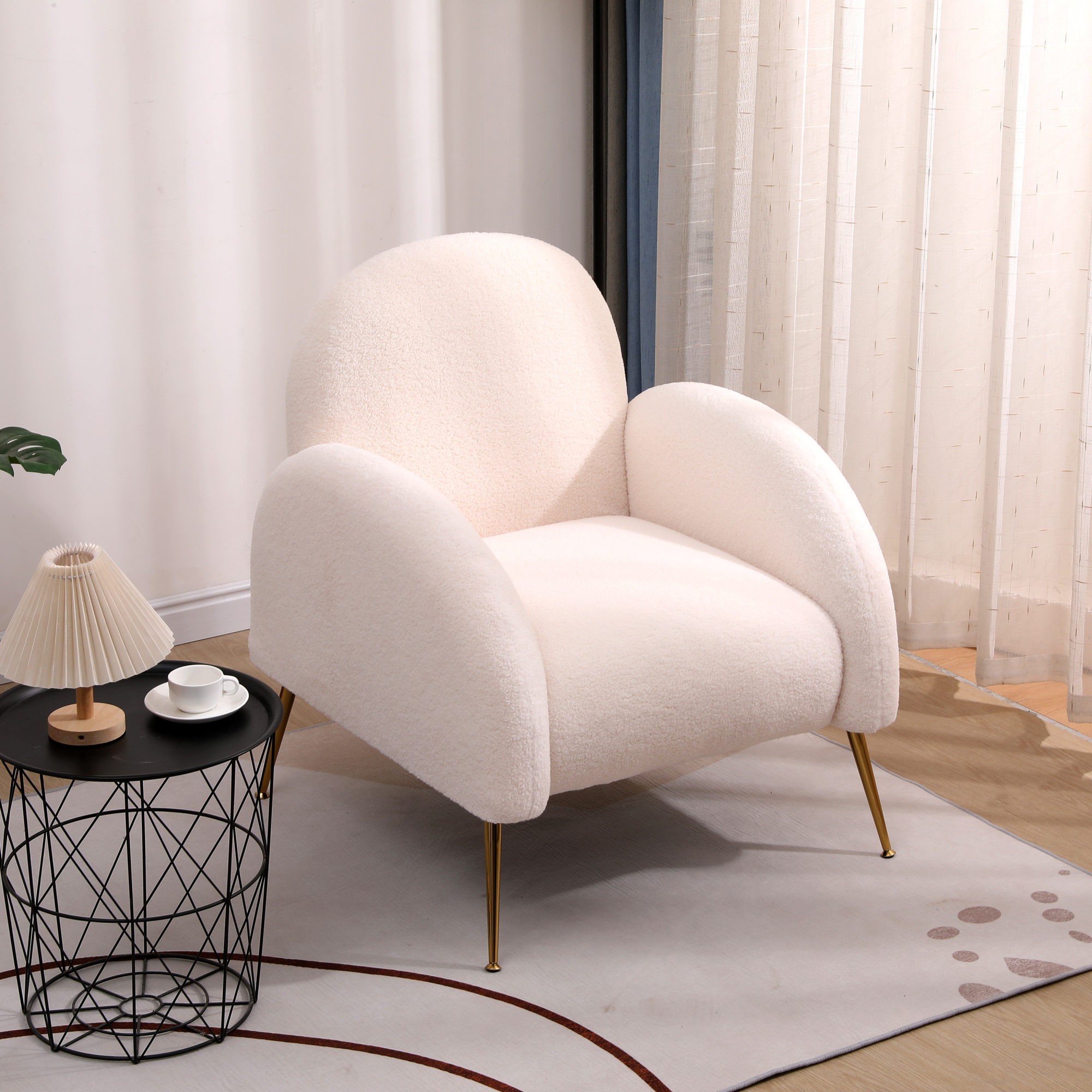 Accent Upholstered Single Chair White Sherpa Armchair with Golden Legs ...