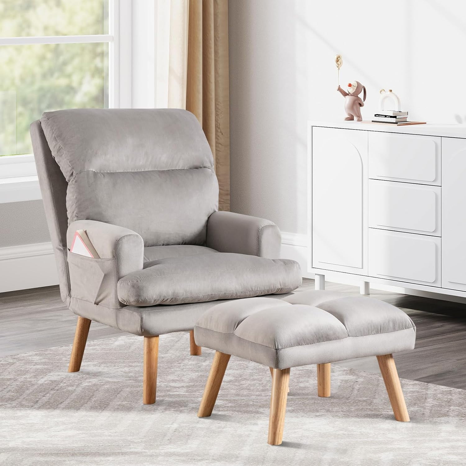 Accent chair with ottoman, velvet fabric chair armchair with adjustable backrest and side ...