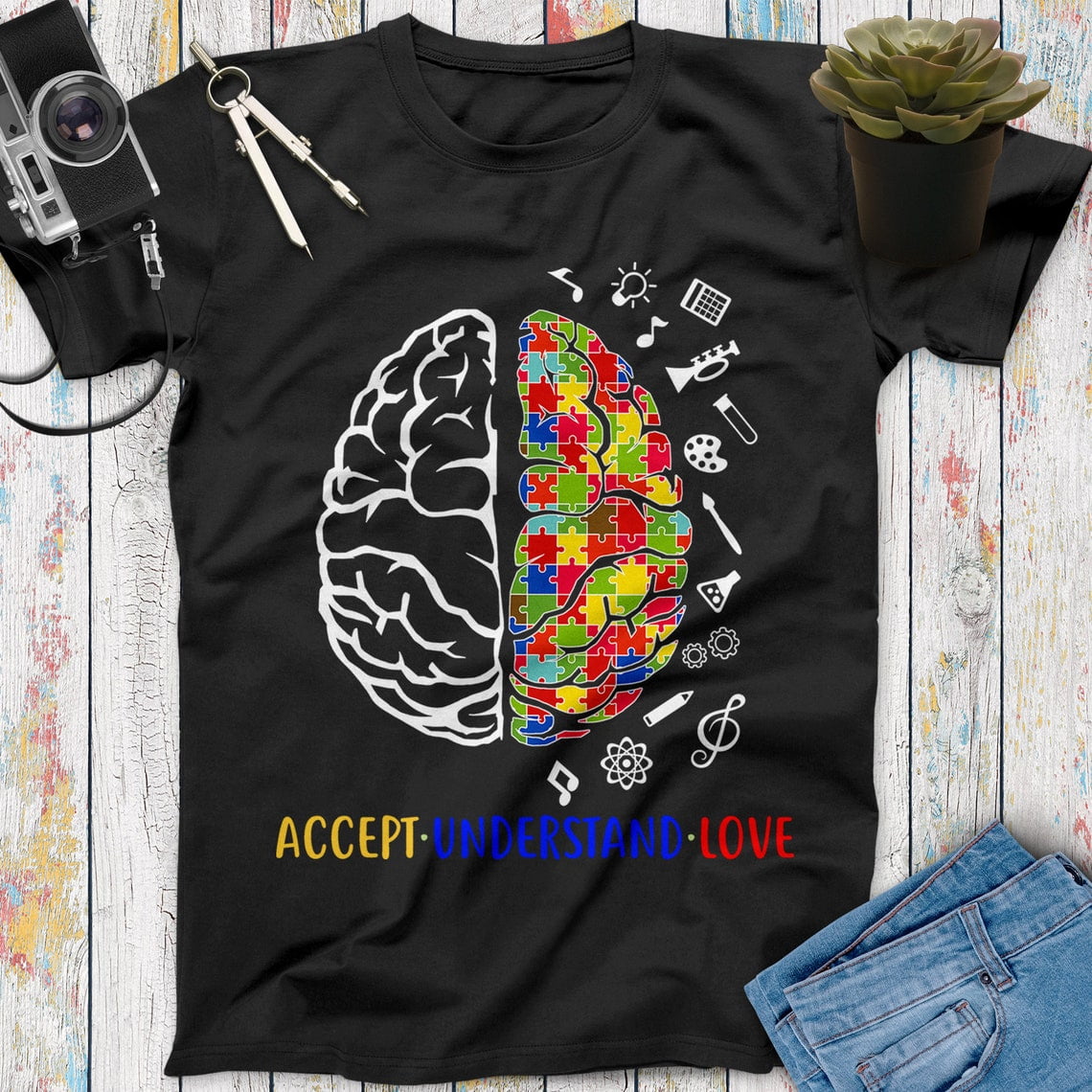 Accept Understand Love Brain Puzzle Piece Autism Awareness Day Shirt ...