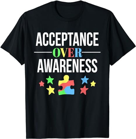 Acceptance Over Awareness Autism Support Quote Puzzle Piece T-Shirt ...