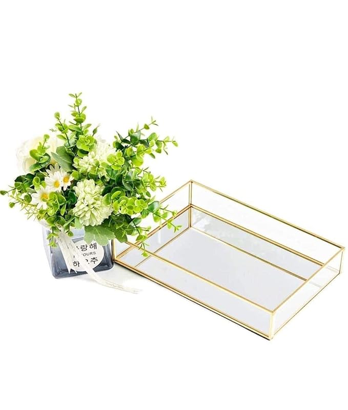 Accessorize Kingdom Rectangle Glass Tray with Brass Rim and Mirror Base ...