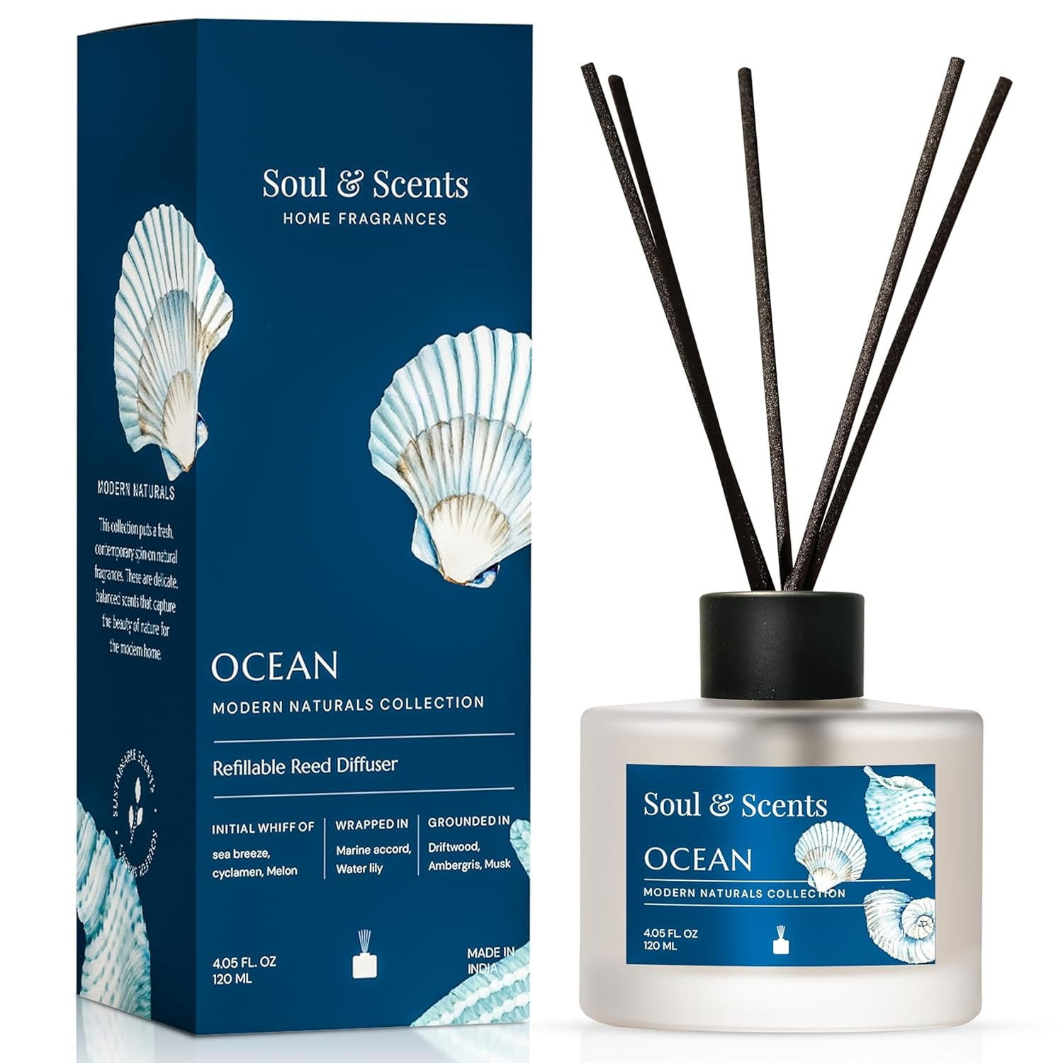 Soul & Scents Reed Diffuser Set-Ocean, 4.1 oz Scented Oil with 6 Fiber ...