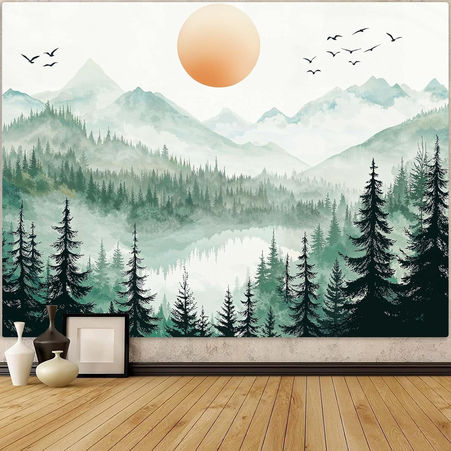 Accnicc Misty Forest Mountain Tapestry Sage Green Nature Pine Tree Wall ...
