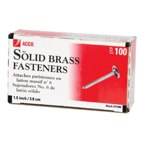 Acco #6 Brass Prong Paper Fasteners, 1.5" Capacity, Brass, 100/Box, Each - Walmart.com
