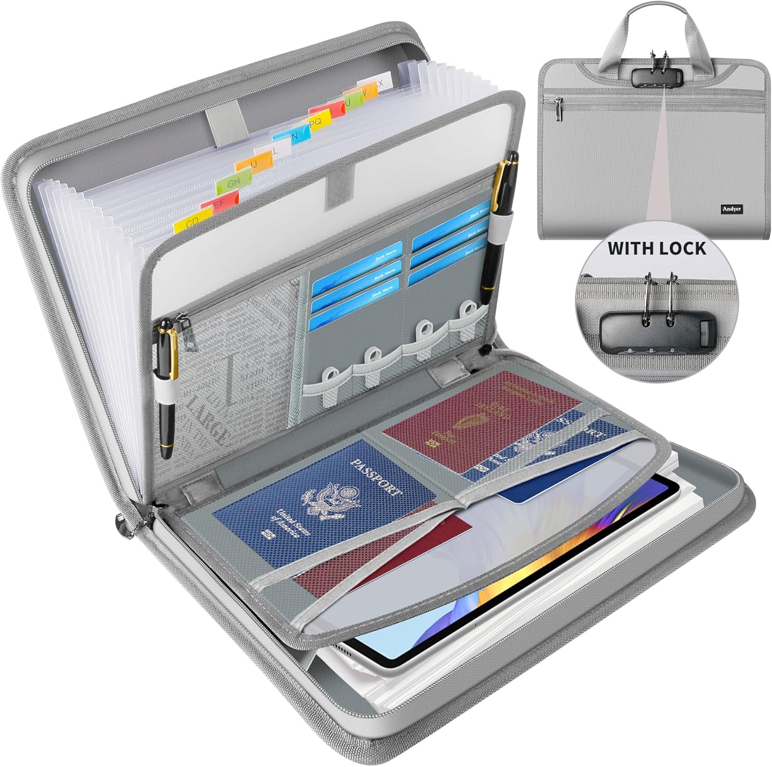 Accordion File Organizer with Lock, Fireproof Expanding File Folder ...