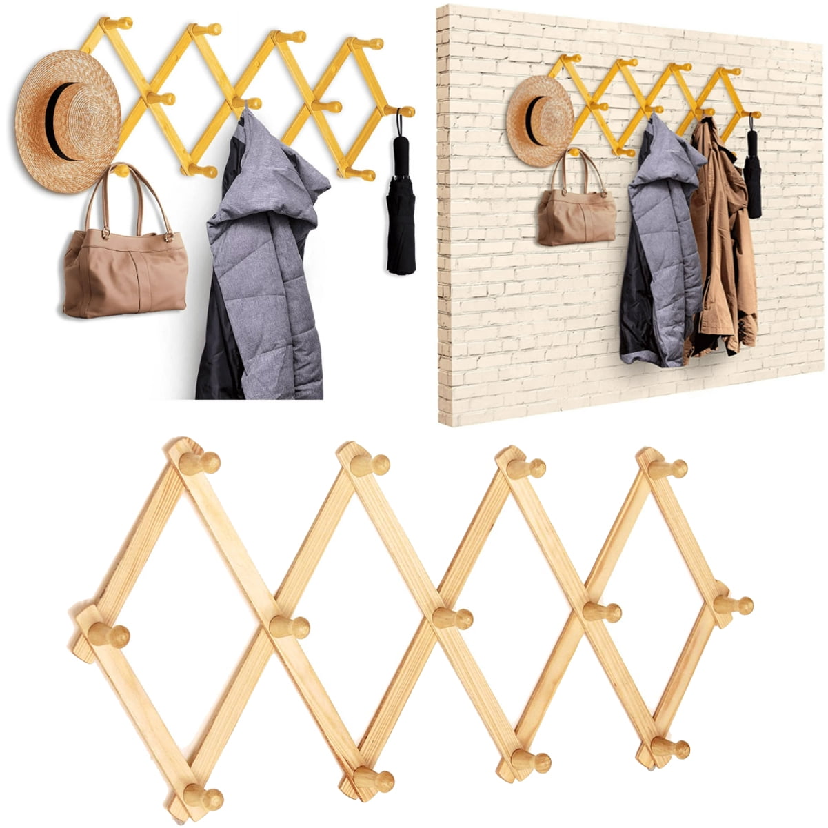 Accordion Style Expandable Wall Wooden Coat Rack 13 Hooks, for Hang ...