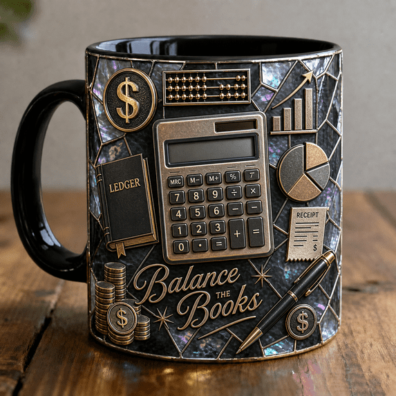 Accountant Mug 3D Effect with Calculator & Ledger Design, Clean Gold ...