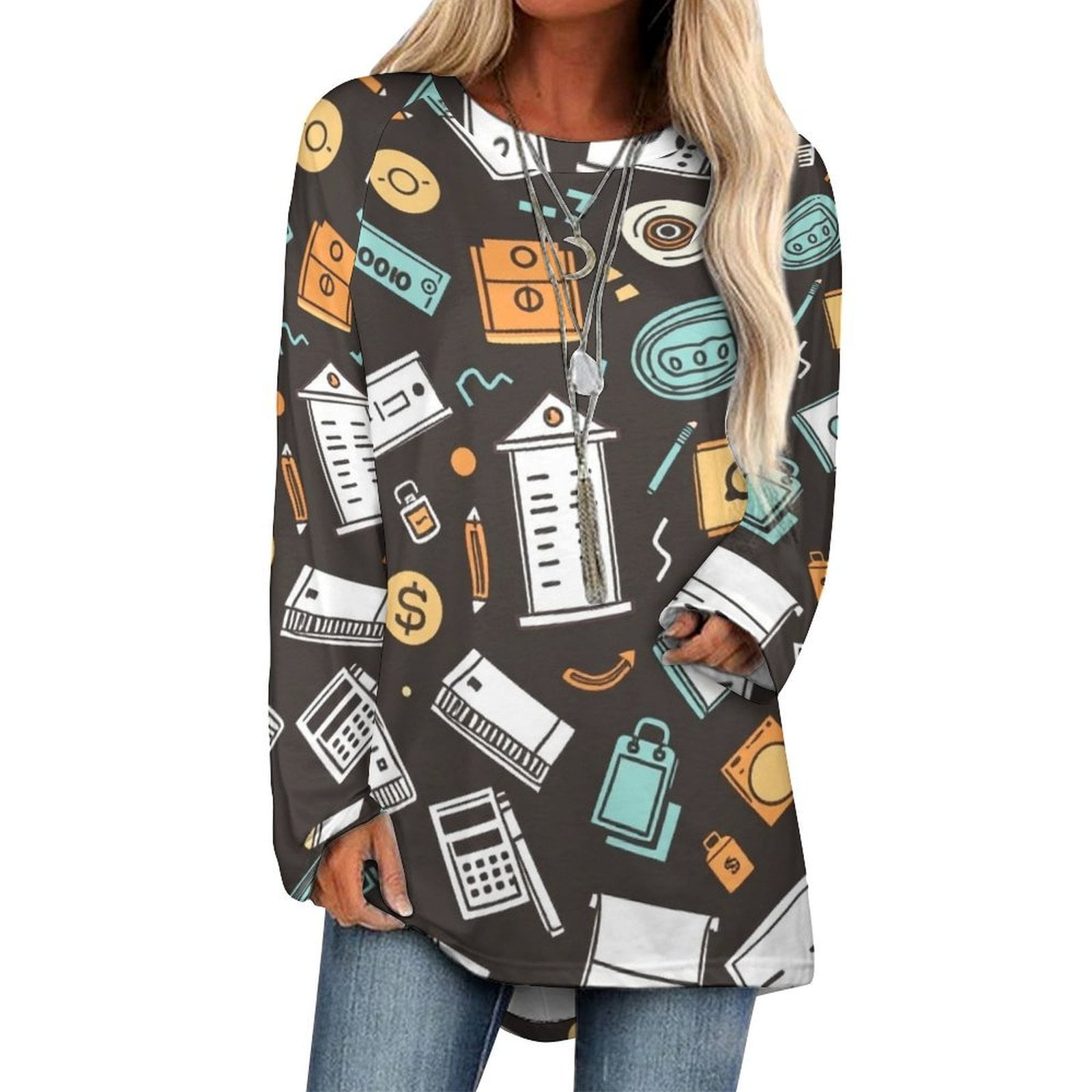 Accounting Doodle Pattern 3D Print Women Long Sleeve T Shirt Oversized ...