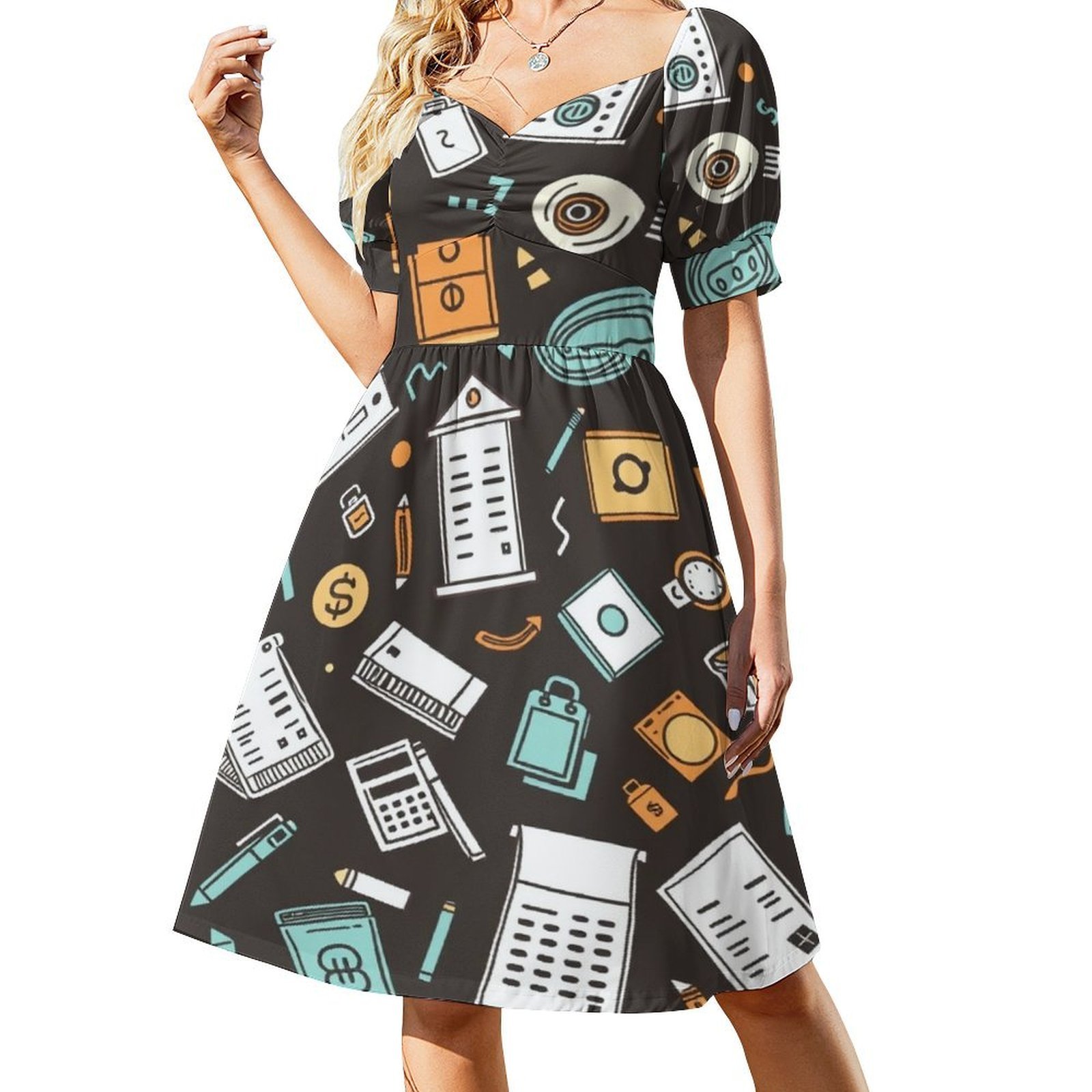 Accounting Doodle Pattern Short Sleeved Dress Fairy Dress Evening Gown ...