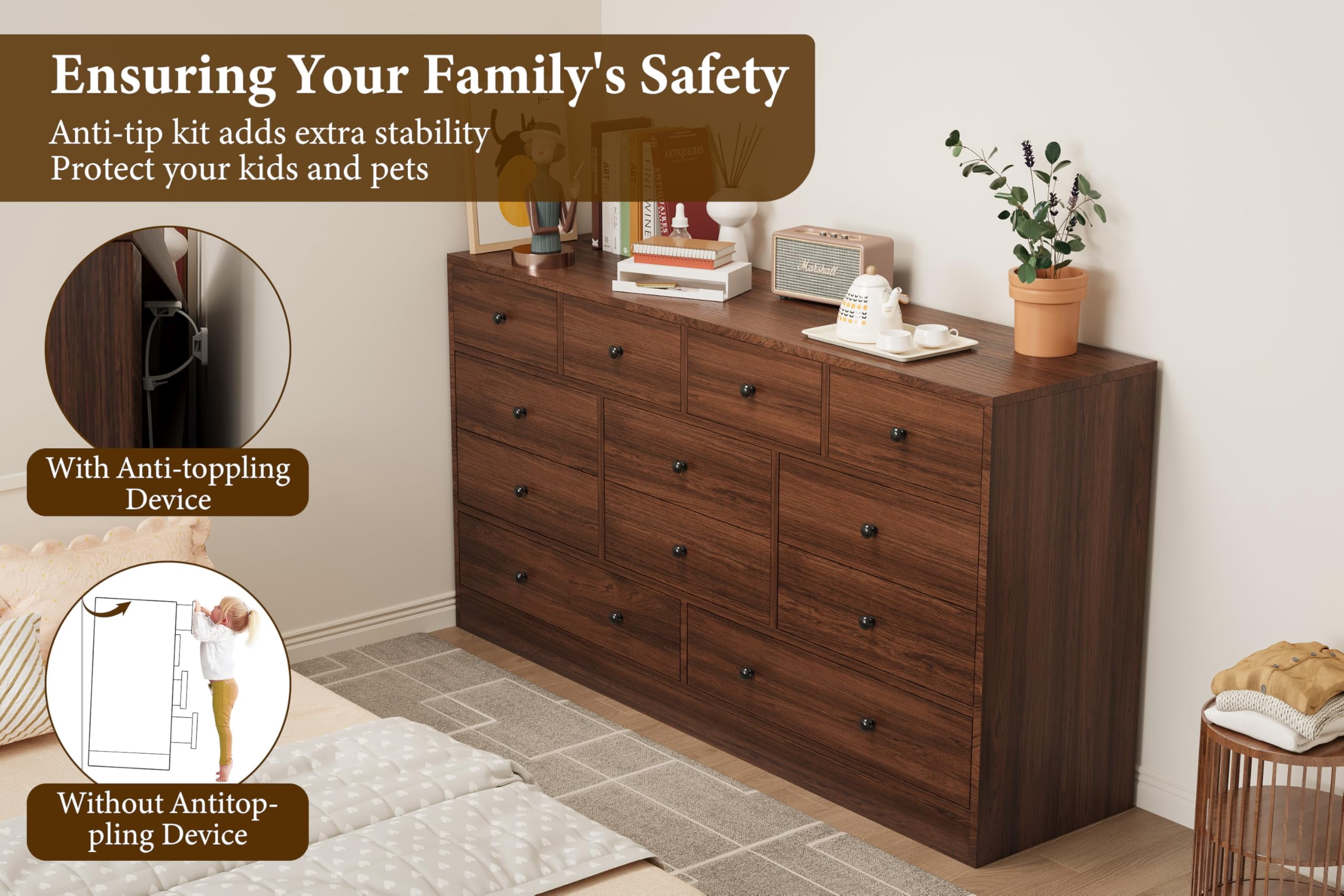 Accreate 12 Drawer Dresser for Bedroom, 61 Inch Wood Dresser with Power ...