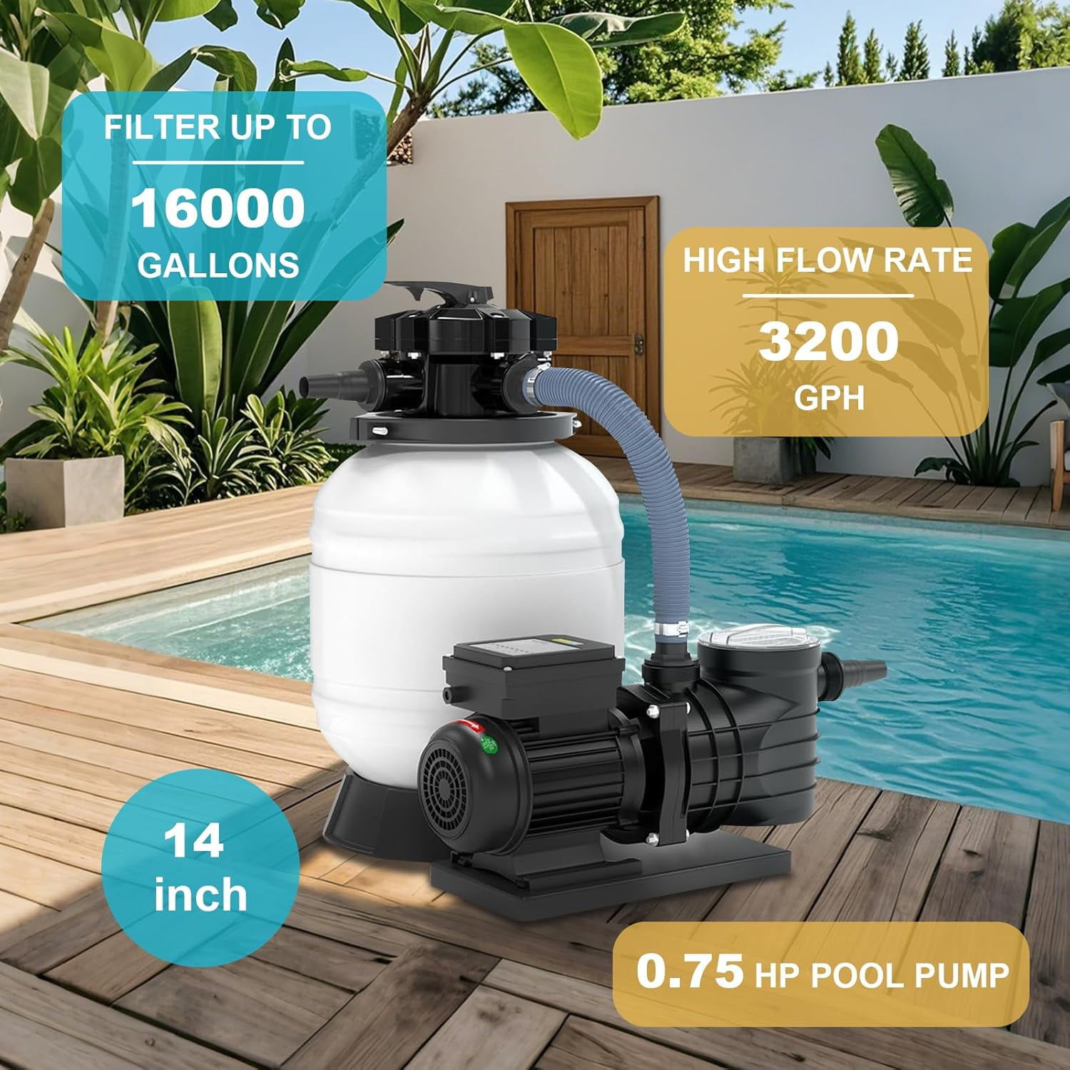 Accreate 14" Sand Filter Pump for Above Ground Pools – 3500GPH 2/3 HP ...