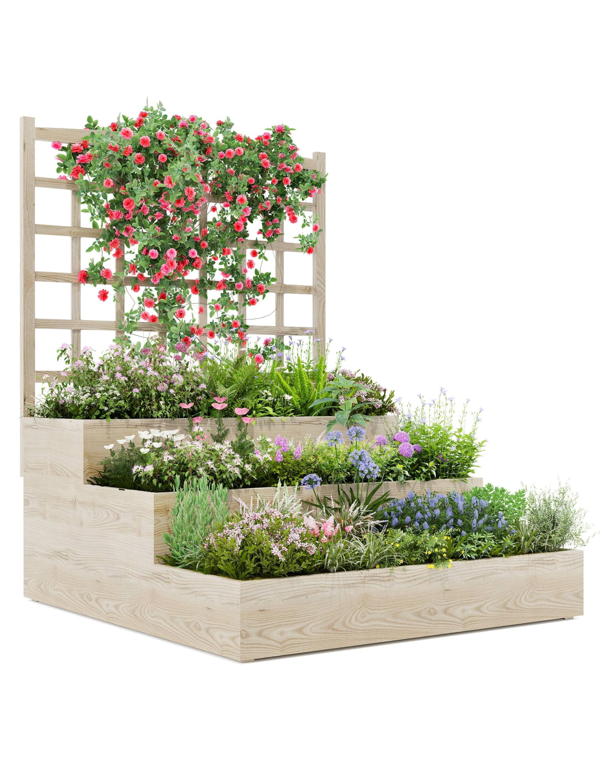 Accreate 3-Tier Raised Garden Bed,Wooden Vertical Planters with Trellis ...