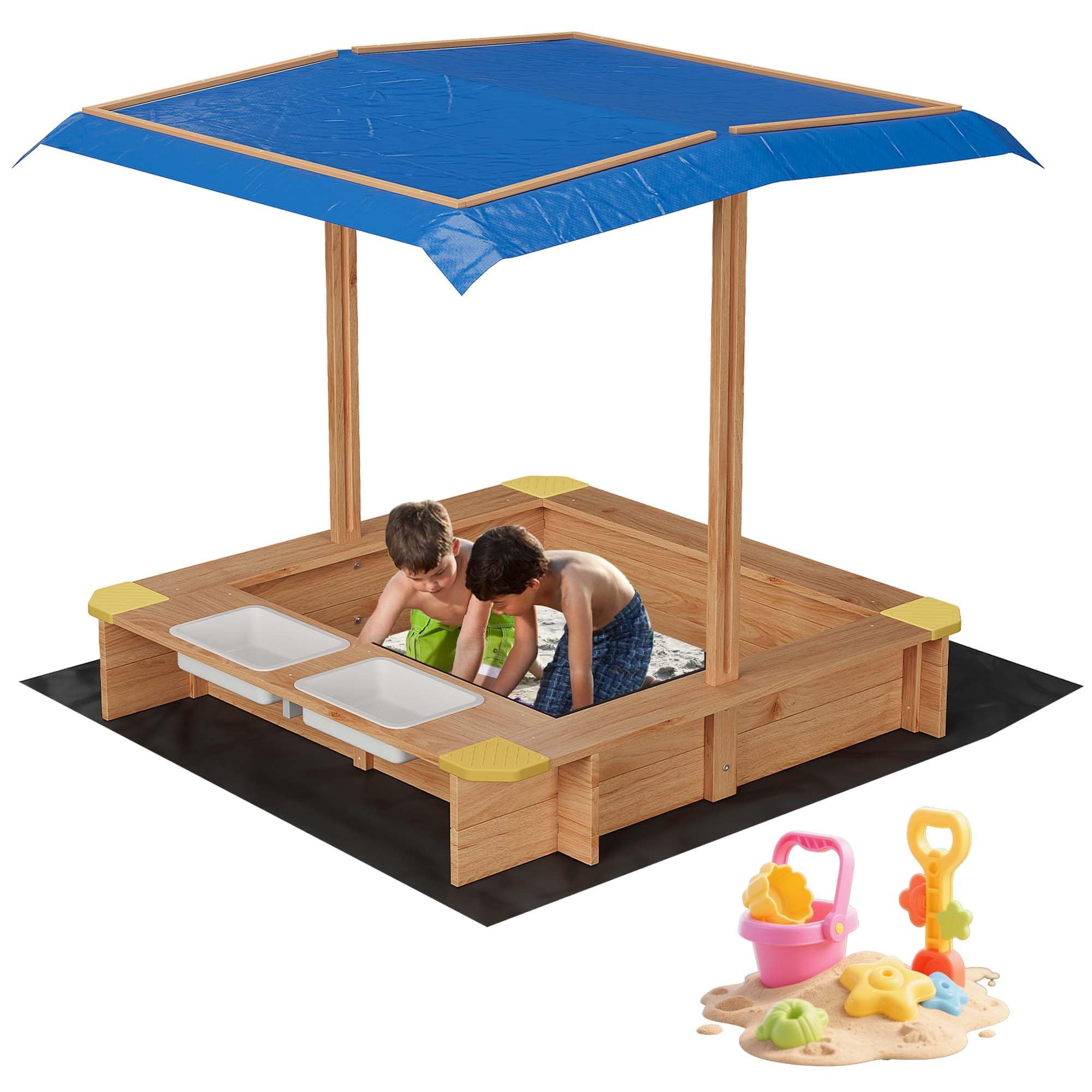 Accreate 39-Inch Wooden Sandbox with 2 Plastic Benches and Adjustable ...