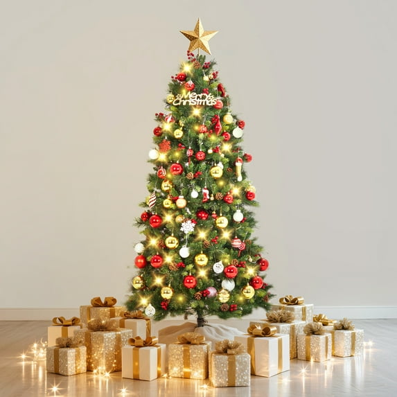 Accreate 4/5/6/7FT Pre-Lit Artificial Christmas Tree, Pine Cones & Red ...