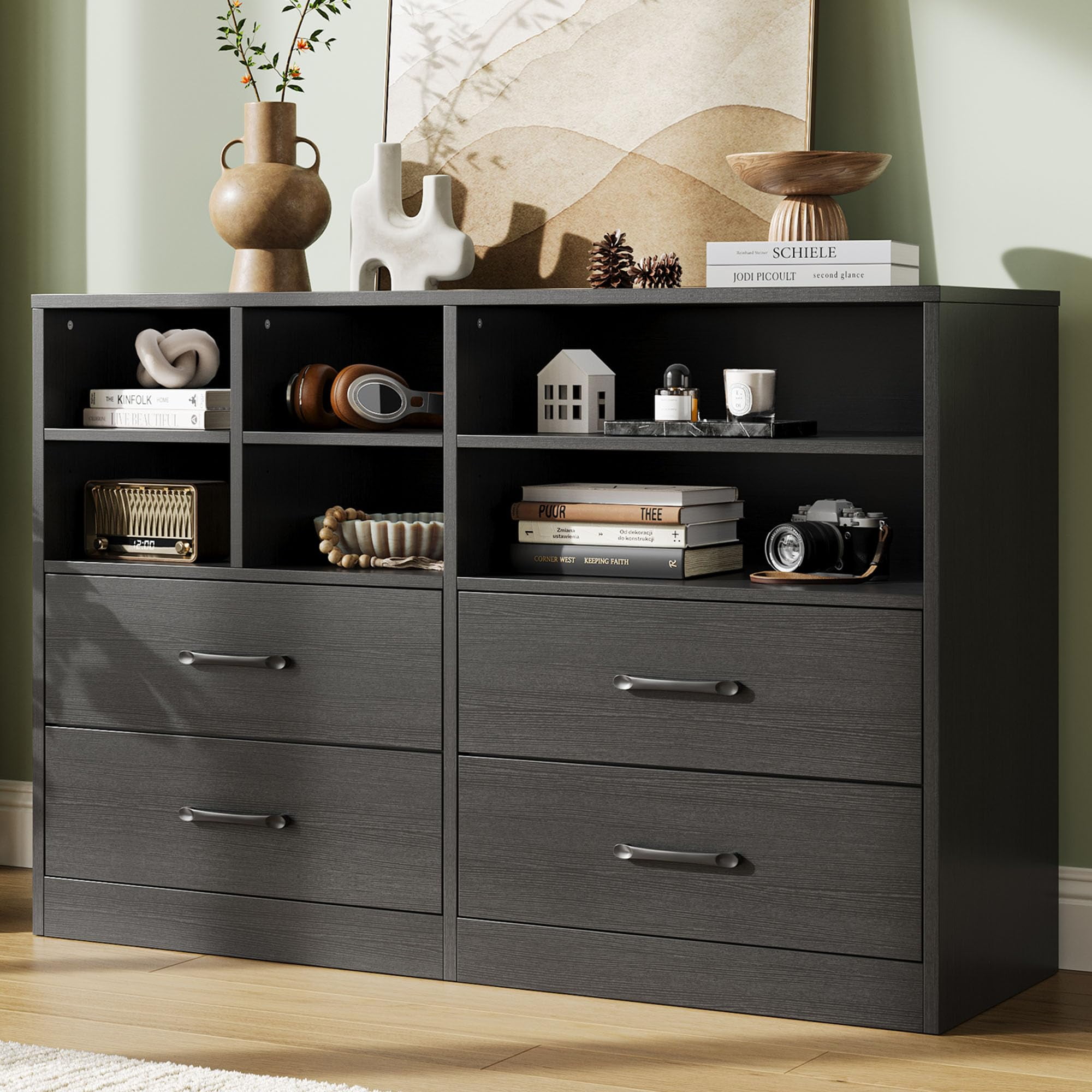 Accreate 4 Drawers Dresser with 6 Open Cubbies, 47" Wide Long Dressers ...