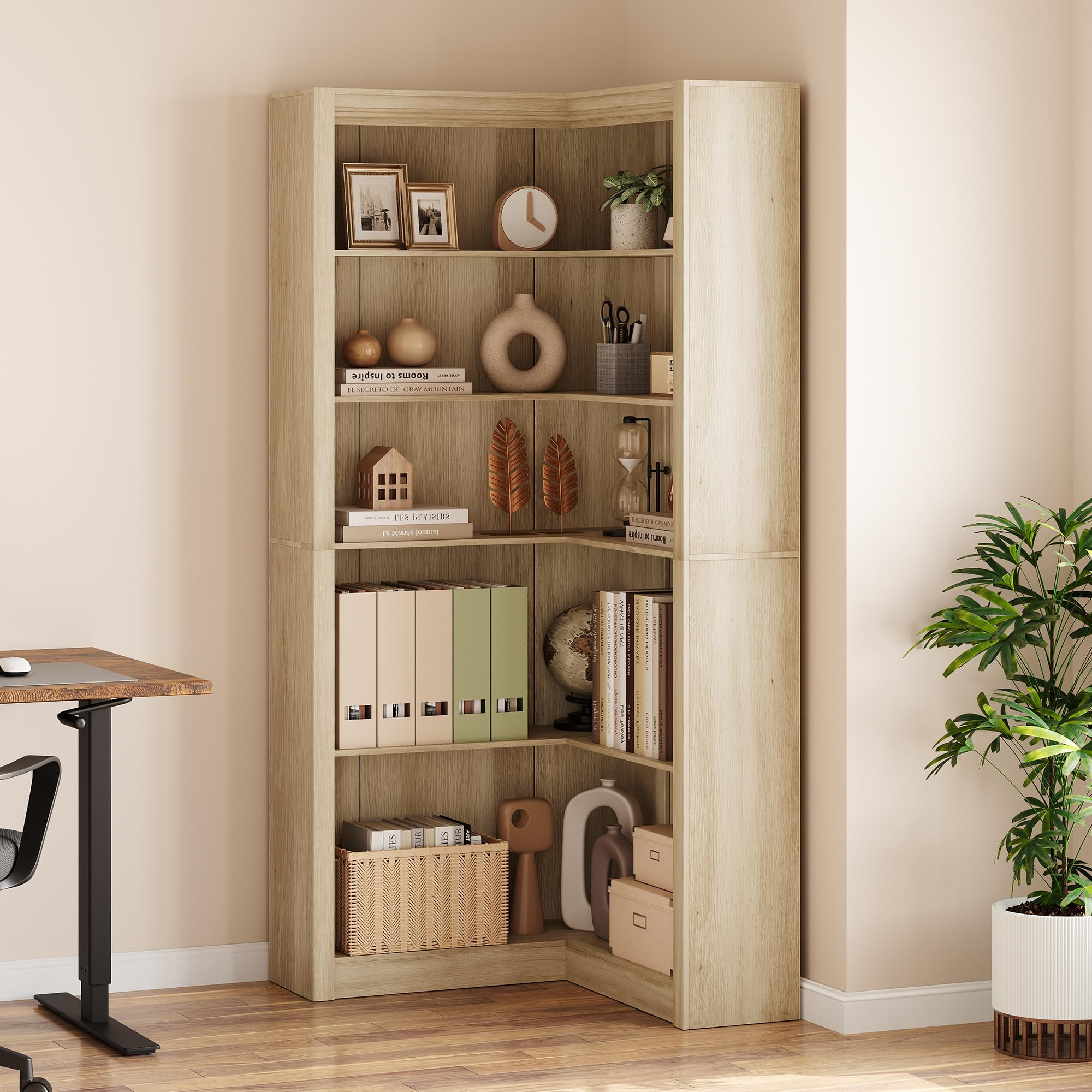 Accreate 71.8'' Corner Bookshelf, 5-Tier Wooden Farmhouse Bookcase w ...