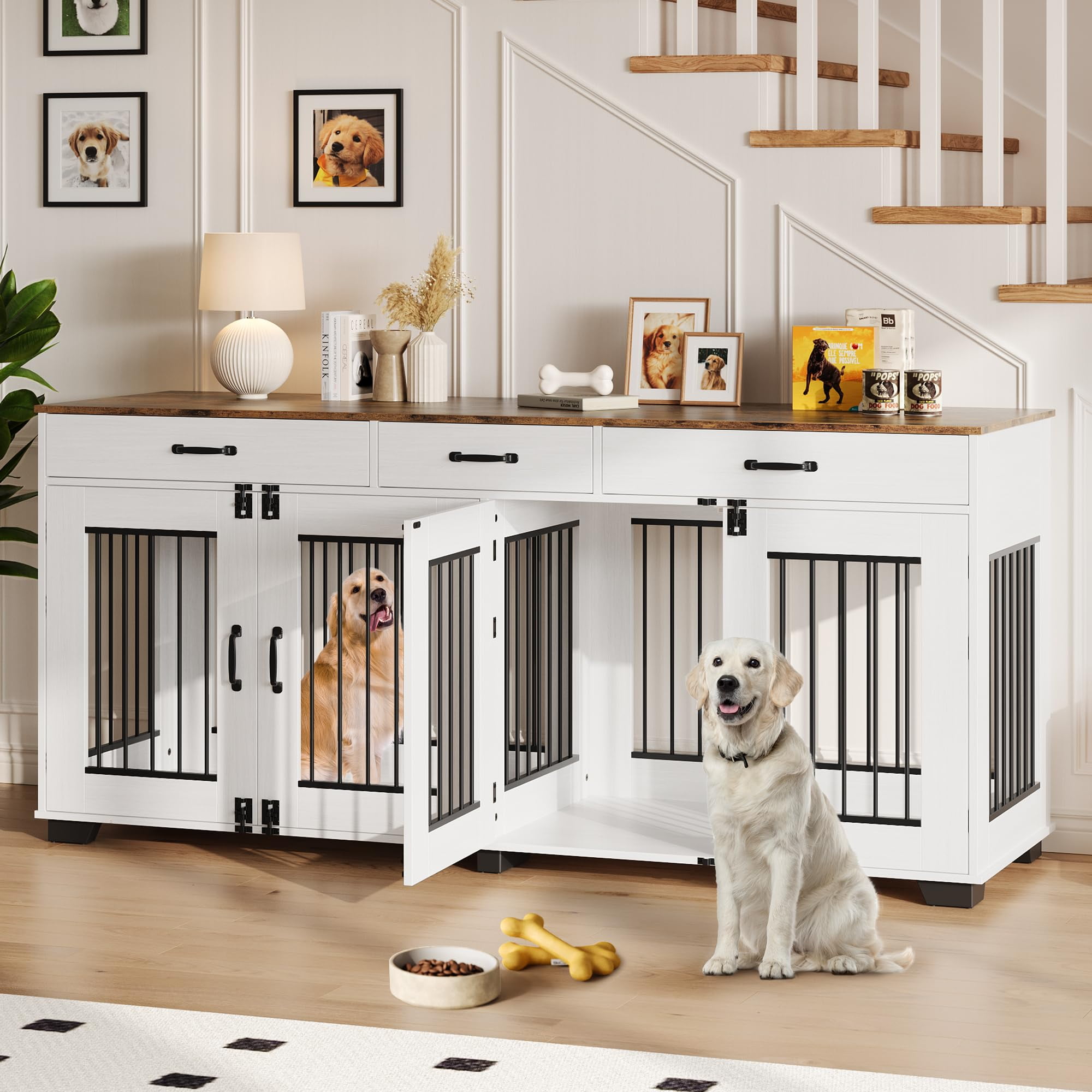 Accreate 71'' Dog Crate Furniture for 2 Dogs, Wooden Double Dog Crate ...
