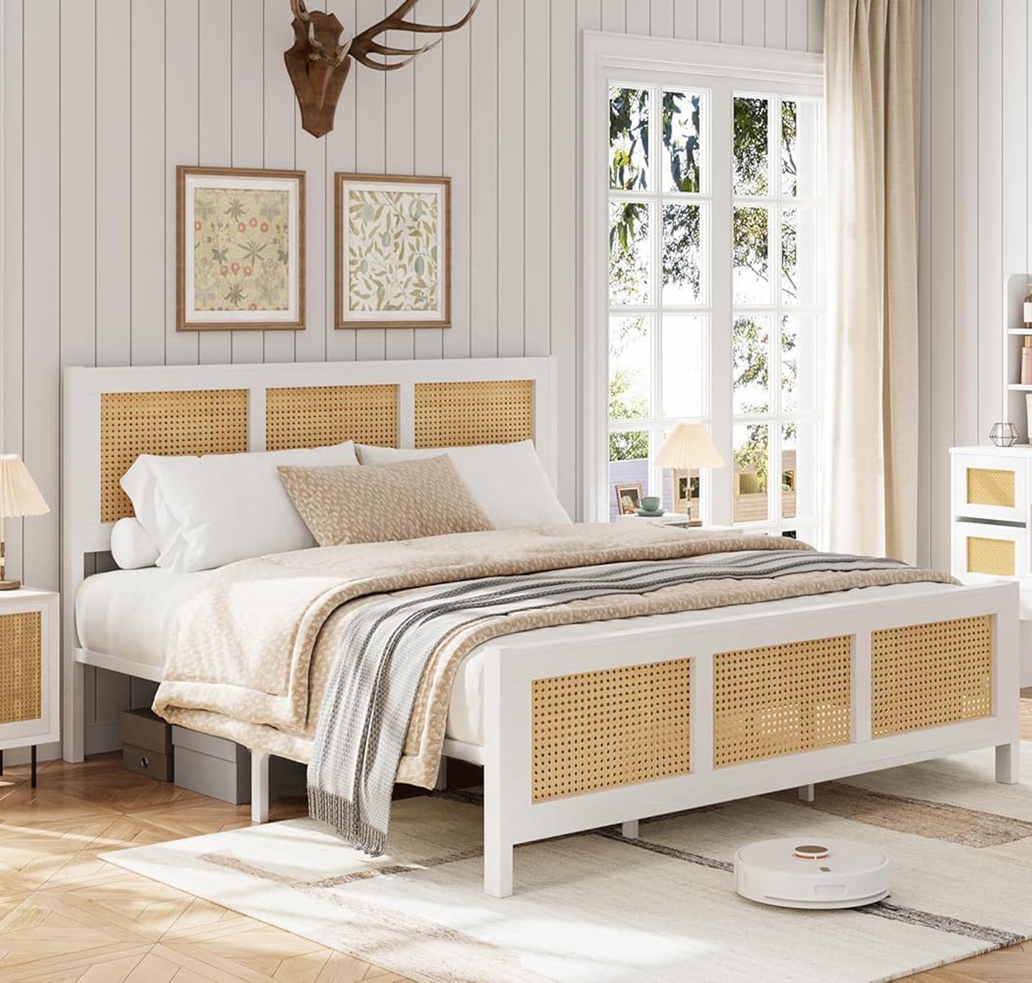 Accreate Boho Rattan Queen Bed Frame with Headboard, Sturdy Metal Slats ...