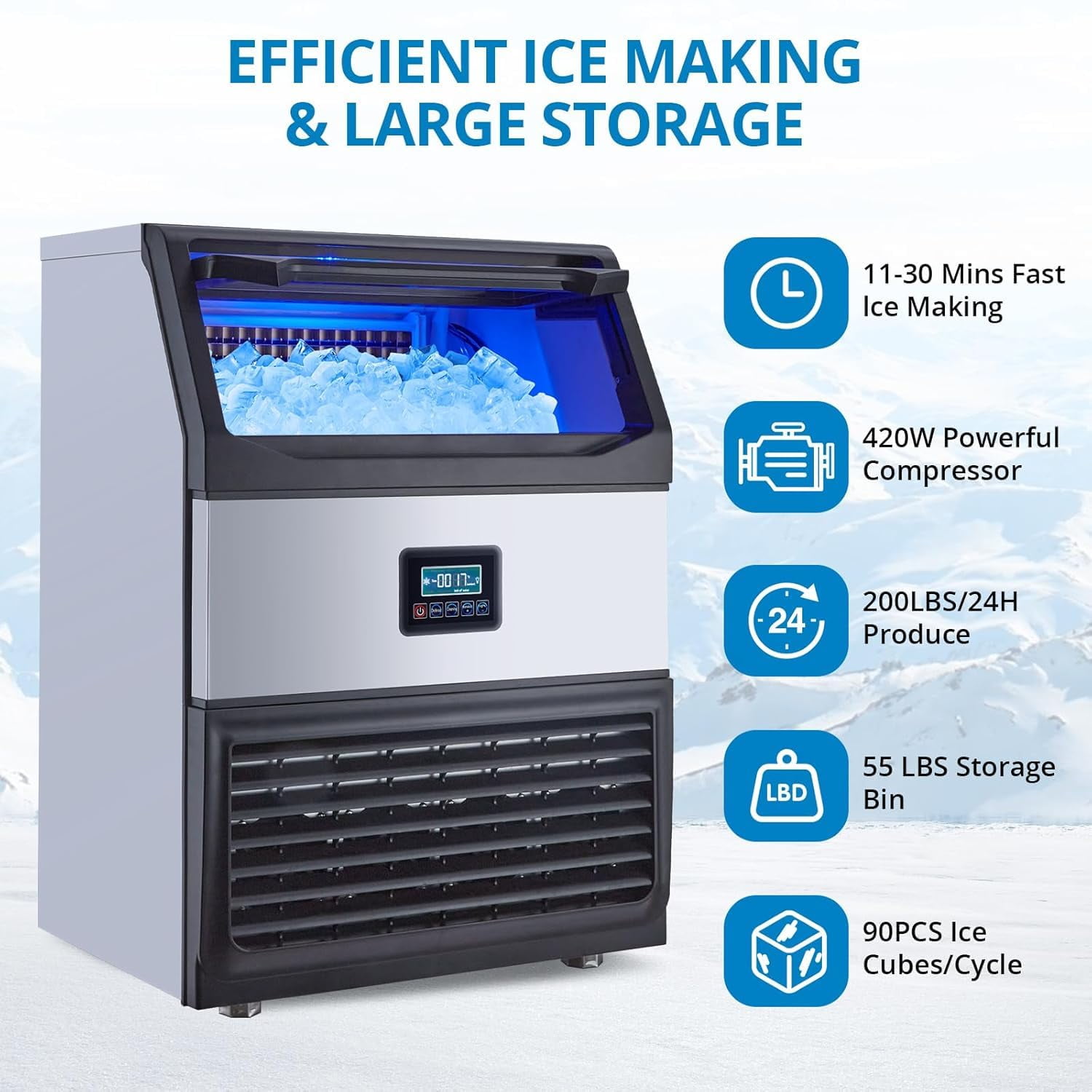Accreate Commercial Ice Maker 200lbs/24H with Single Water Inlet, 80 ...