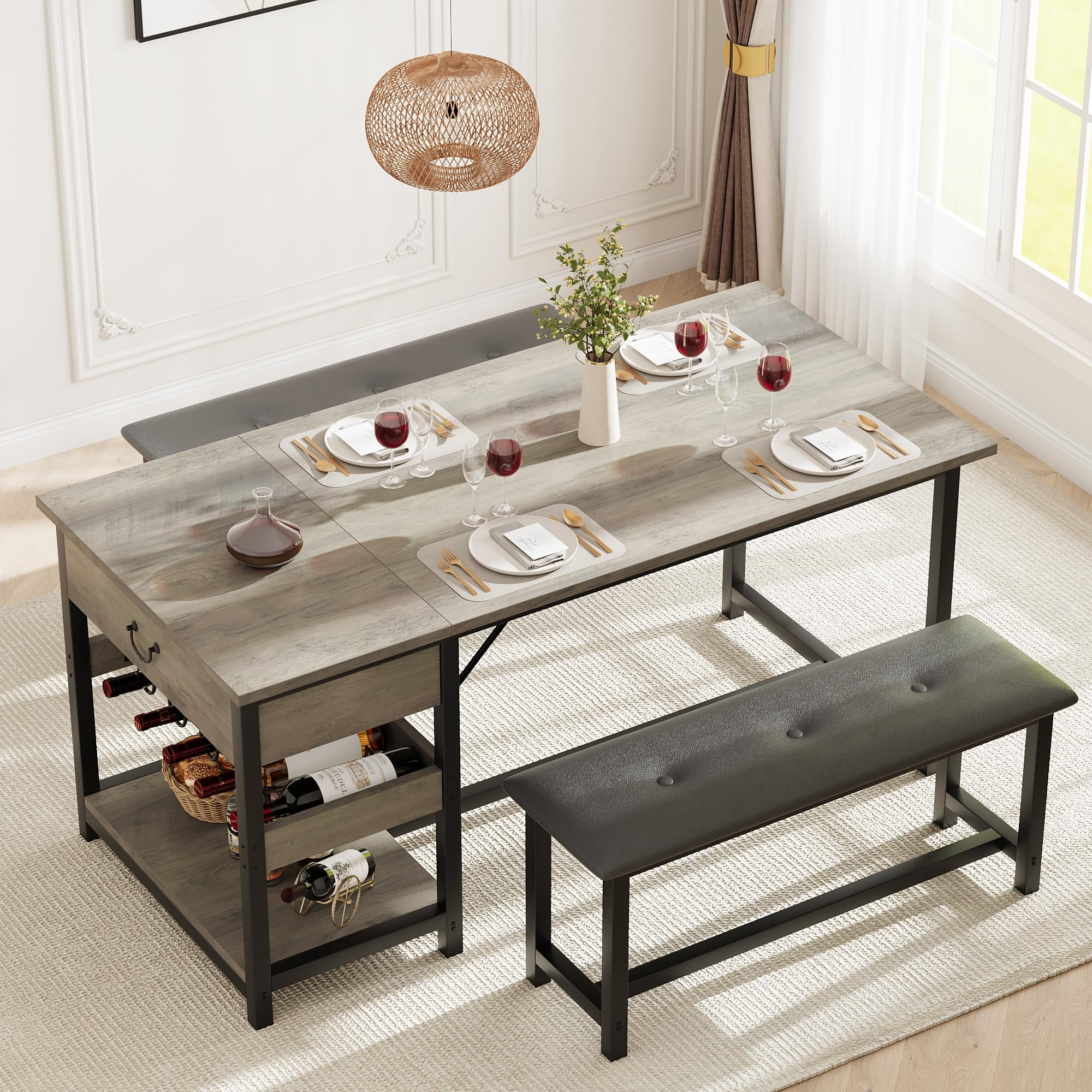 Accreate Dining Table Set, Retro Brown Dining Set for 4 with ...