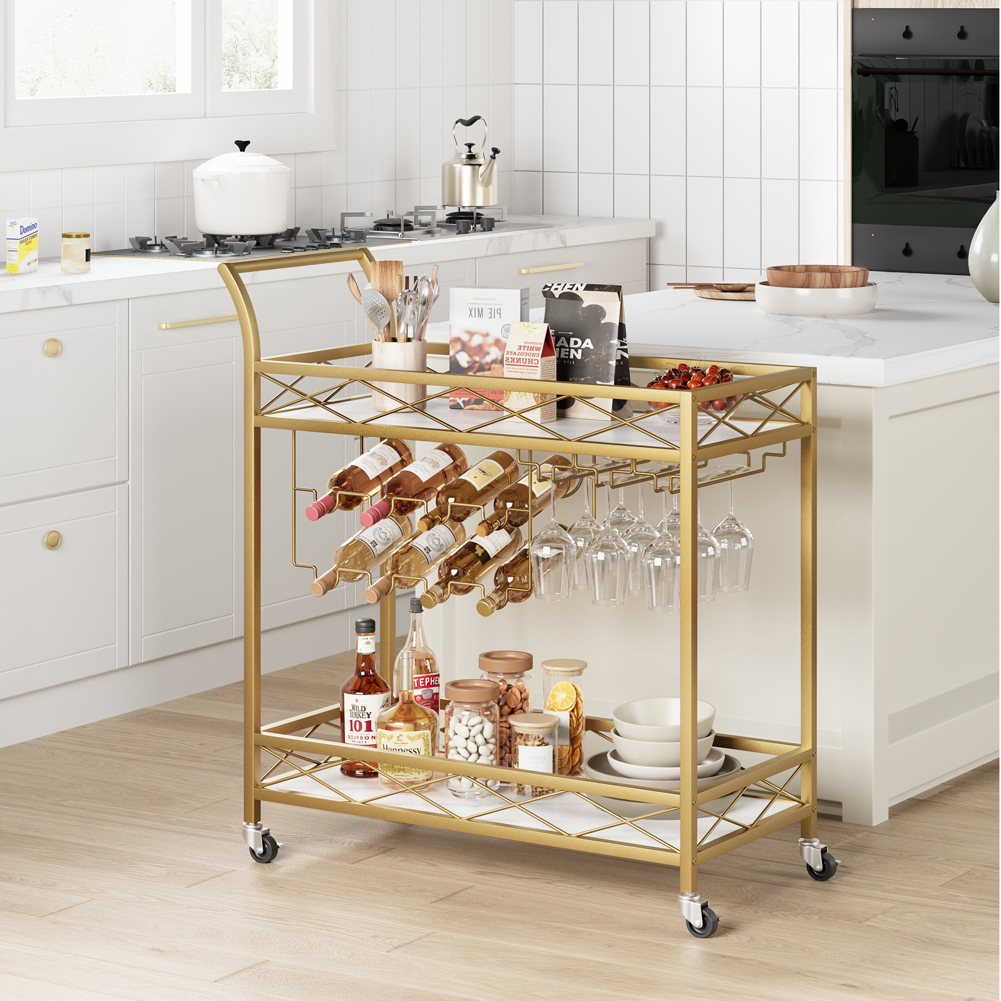 Accreate Elegant 2-Tier Bar Cart - Gold Frame with White Marble Wood ...